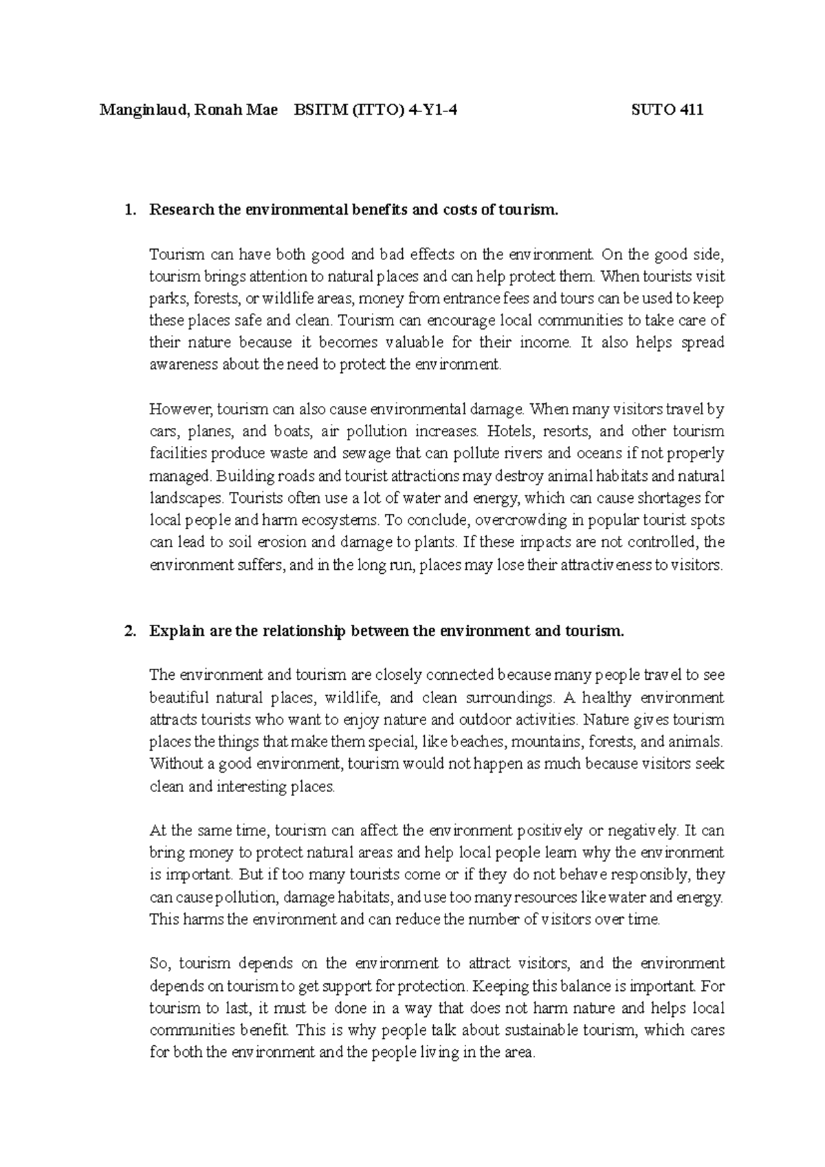 SUTO 411: Environmental Impacts of Tourism - Individual Assignment 3 ...