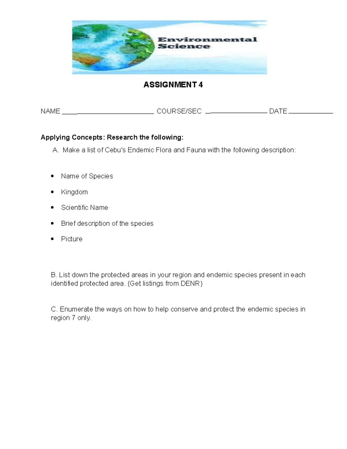 Assignment 4 in ES - environmental science - ASSIGNMENT 4 NAME COURSE ...
