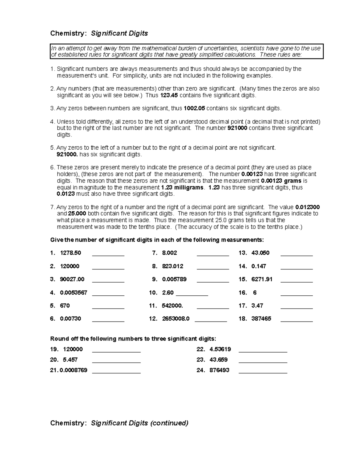 WS - Significant Figures - Chemistry: Significant Digits Significant ...