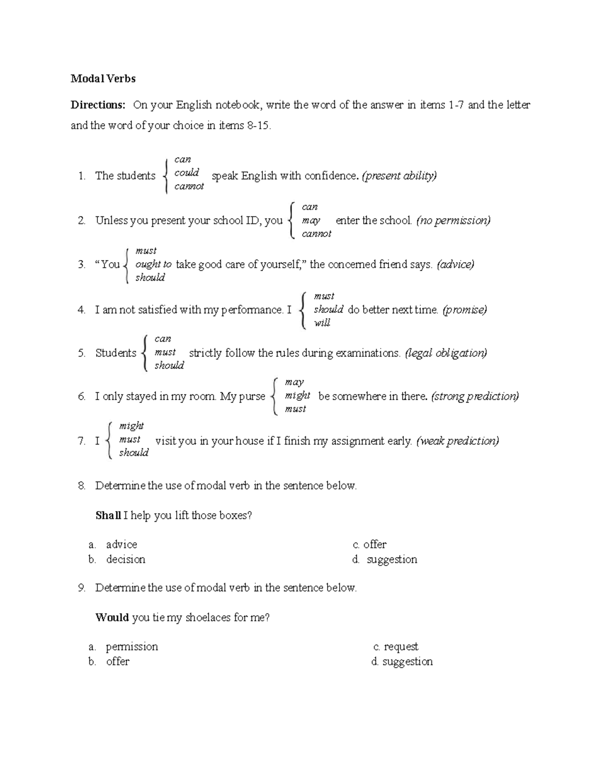 Modal Verbs Quiz - Sample Questions and Answers - Studocu