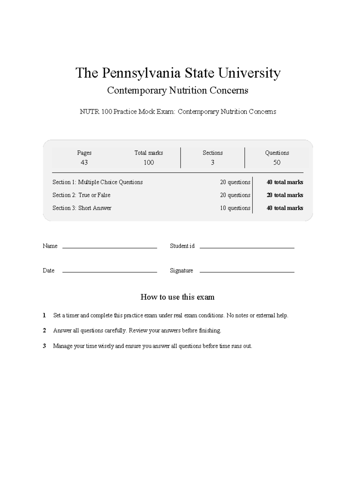 NUTR 100 Practice Mock Exam: Contemporary Nutrition Concerns 2026 - Studocu