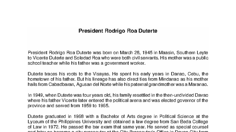 President Rodrigo Roa Duterte: A Comprehensive Biography - Studocu