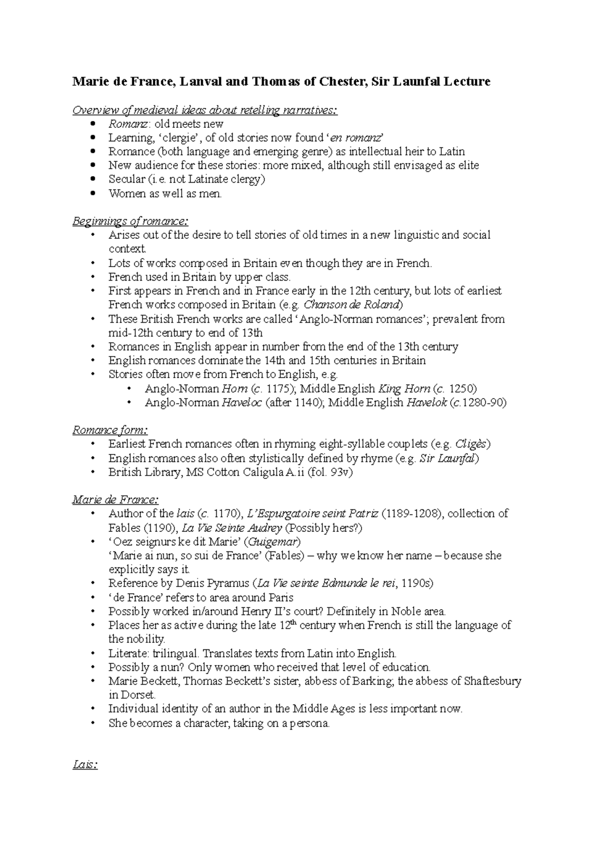 Lanval and Sir Launfal Lecture - Marie de France, Lanval and Thomas of ...
