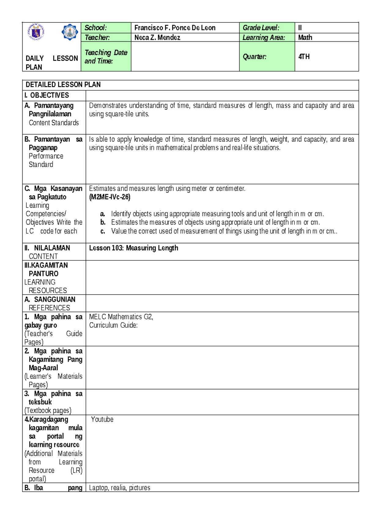 8 MATH 4TH Lesson Plan on Measuring Length and Units of Measurement ...
