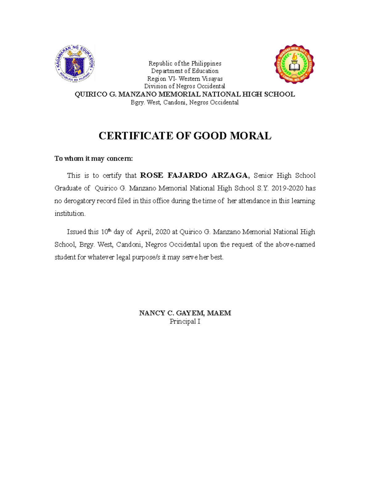 GOOD- Moral - CERTIFICATE - Republic of the Philippines Department of ...