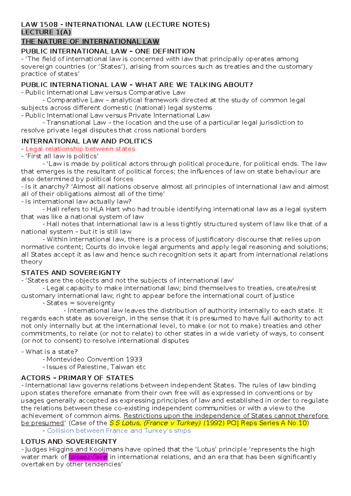 Lecture Notes - LECTURE 1(A) THE NATURE OF INTERNATIONAL LAW PUBLIC ...