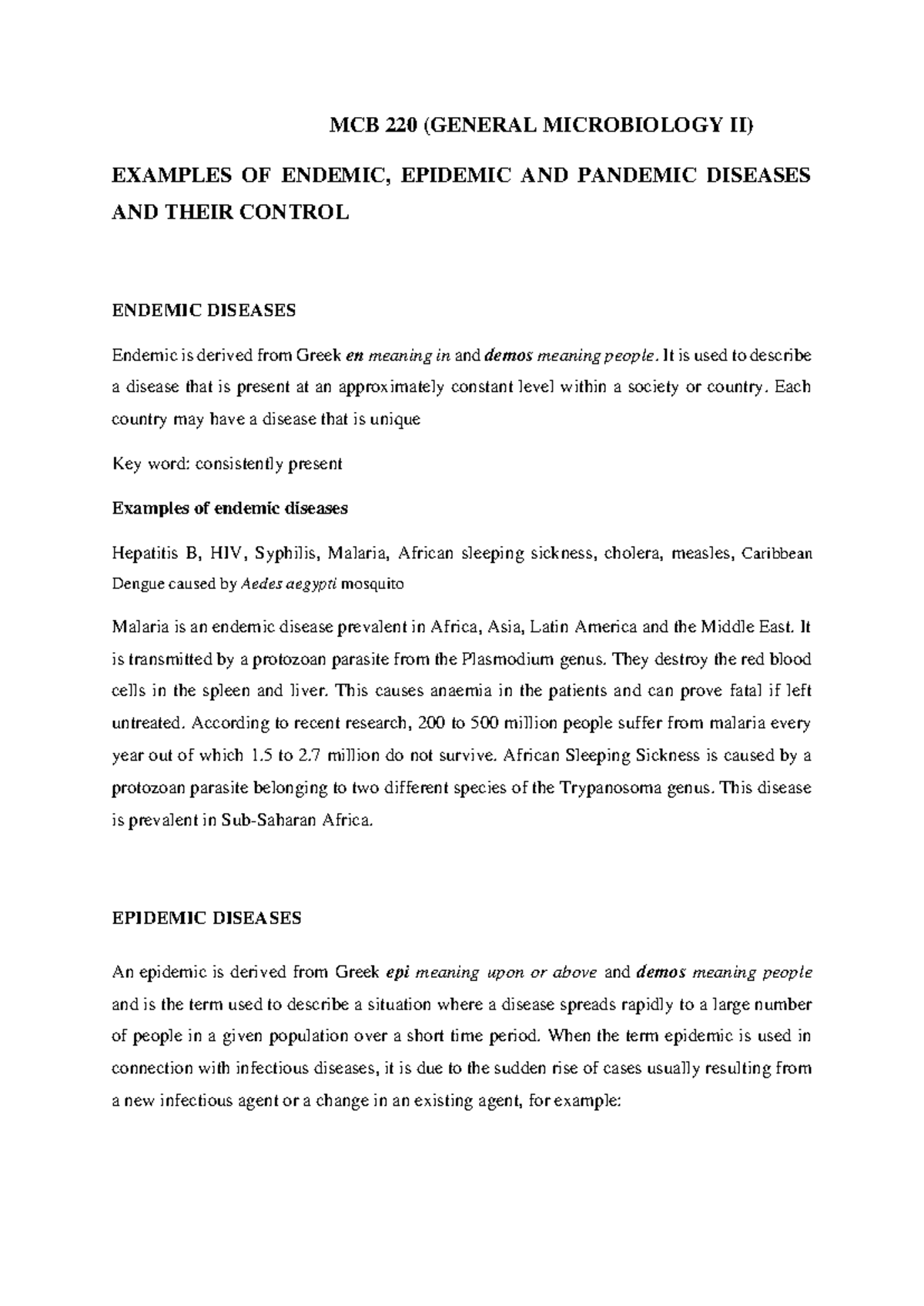 MCB 220 Final Exam Notes: Endemic, Epidemic, and Pandemic Diseases ...