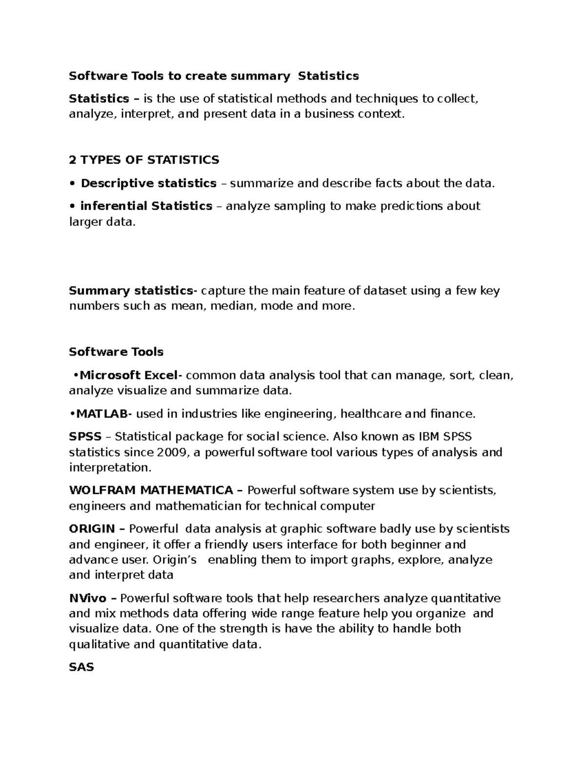 Software tools to create summary statistics - Software Tools to create ...