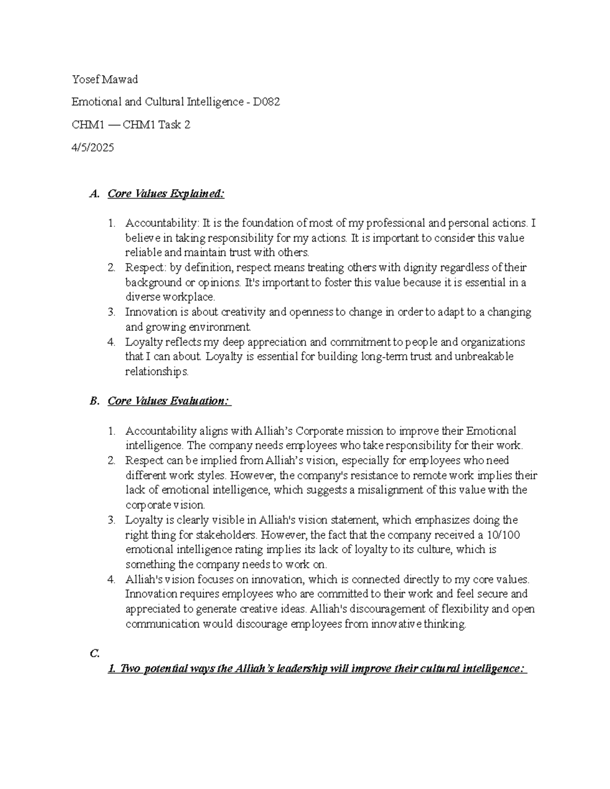 Emotional and cultural intelligence core values evaluation D082 CHM1 ...