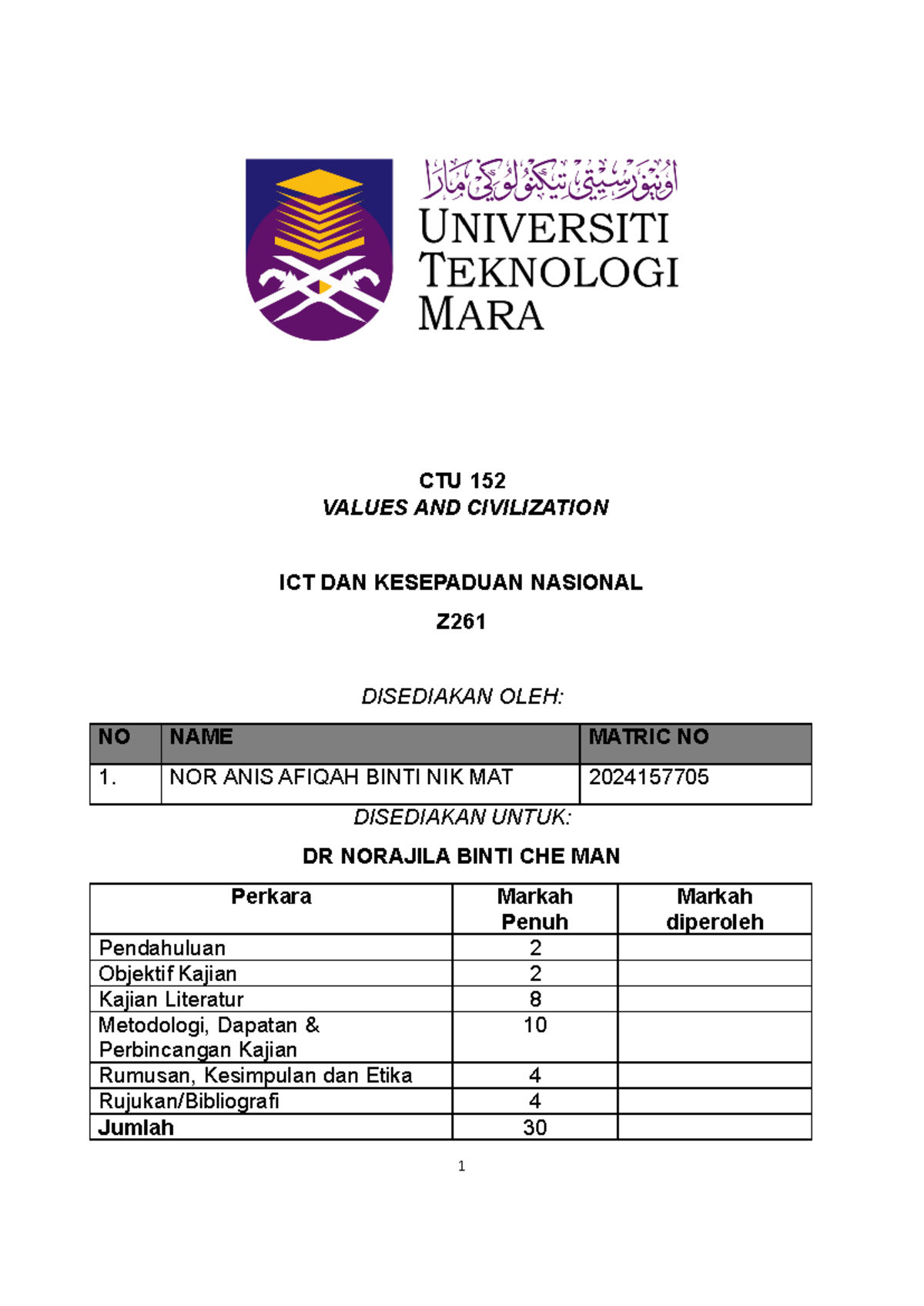 CTU152 - ICT dan Kesepaduan Nasional: Peranan dan Cabaran - Studocu