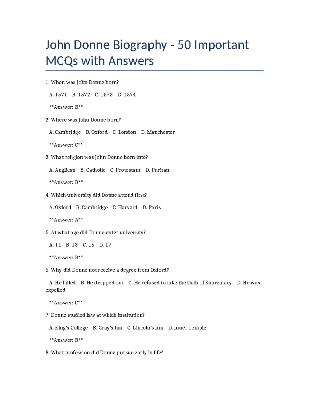 John Donne: Biography & 50 Key MCQs with Answers for Study - Studocu
