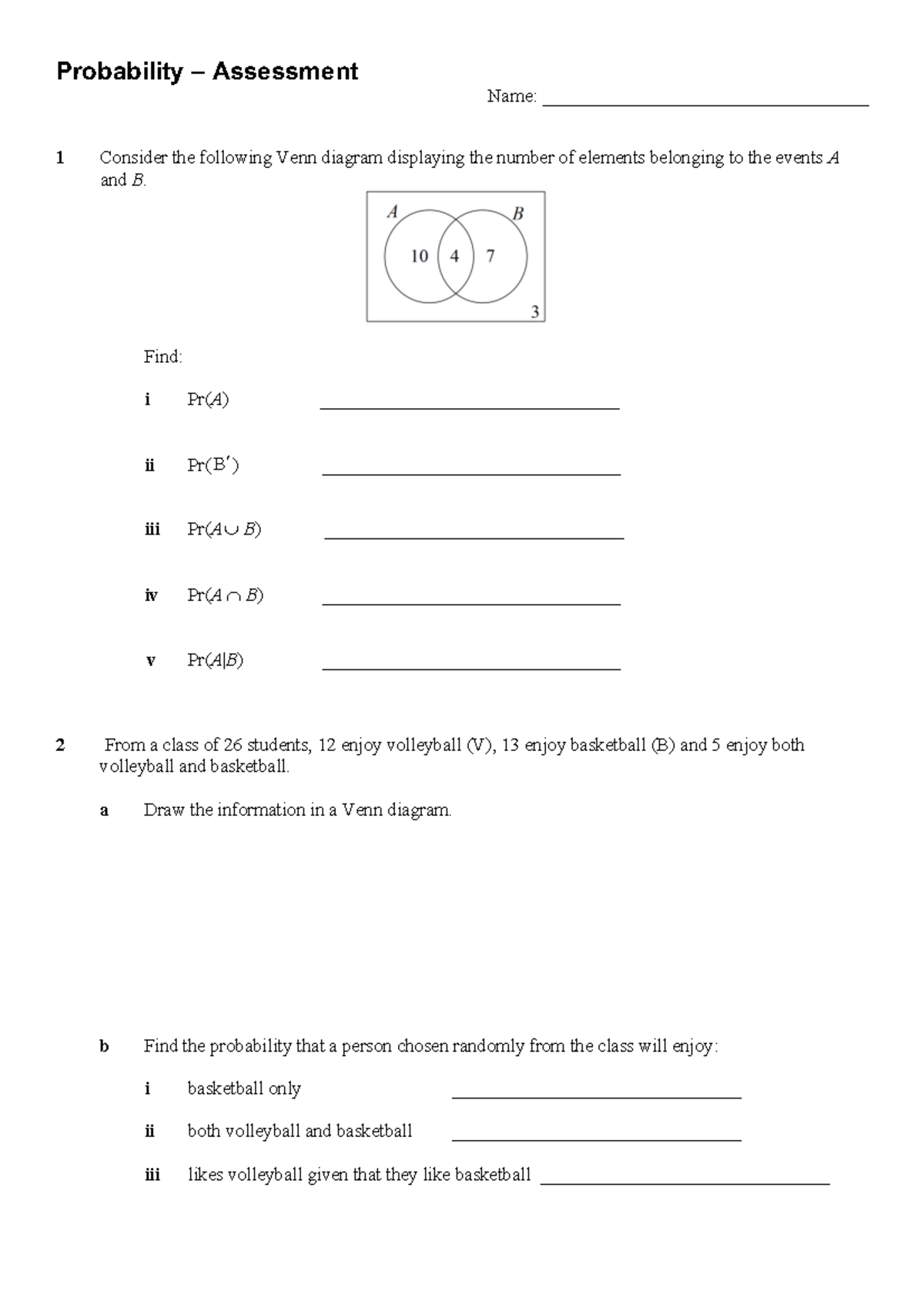 Probability Questions: Venn Diagrams & Two-Way Tables - Assessment ...