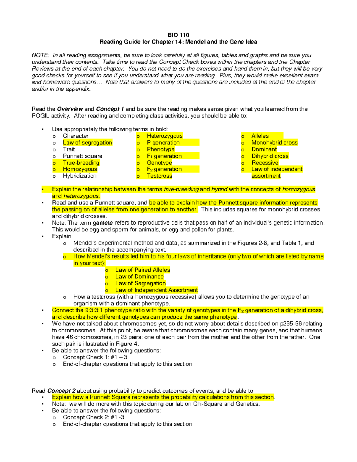 BIO 110 Reading Guide for Chapter 14: Mendel's Laws & Genetics - Studocu
