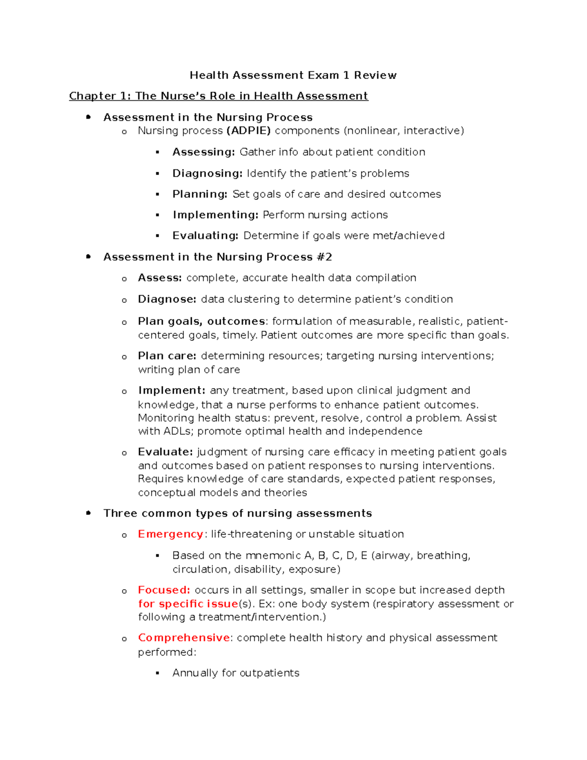 Health Assessment Exam 1 Review: Nursing Roles & Techniques - Studocu