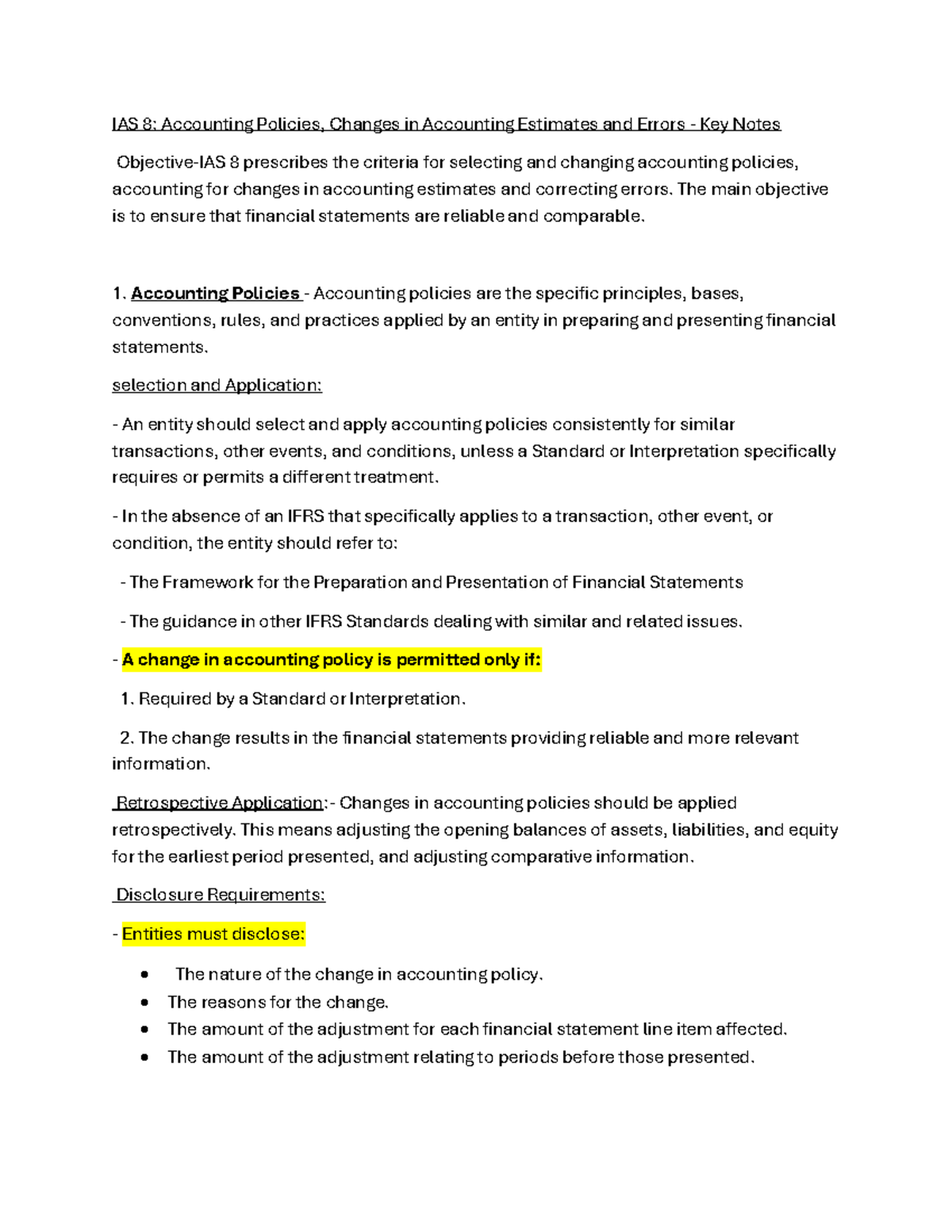 IAS 8: Key Summary Notes on Accounting Policies & Changes - Studocu