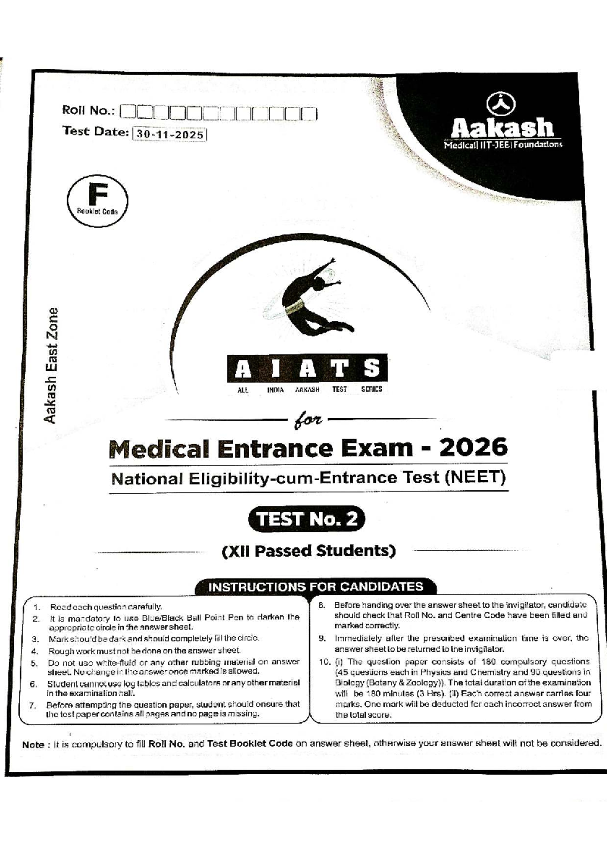 Aakash Test Series for NEET 2026: Test No. 2 Instructions and Topics ...