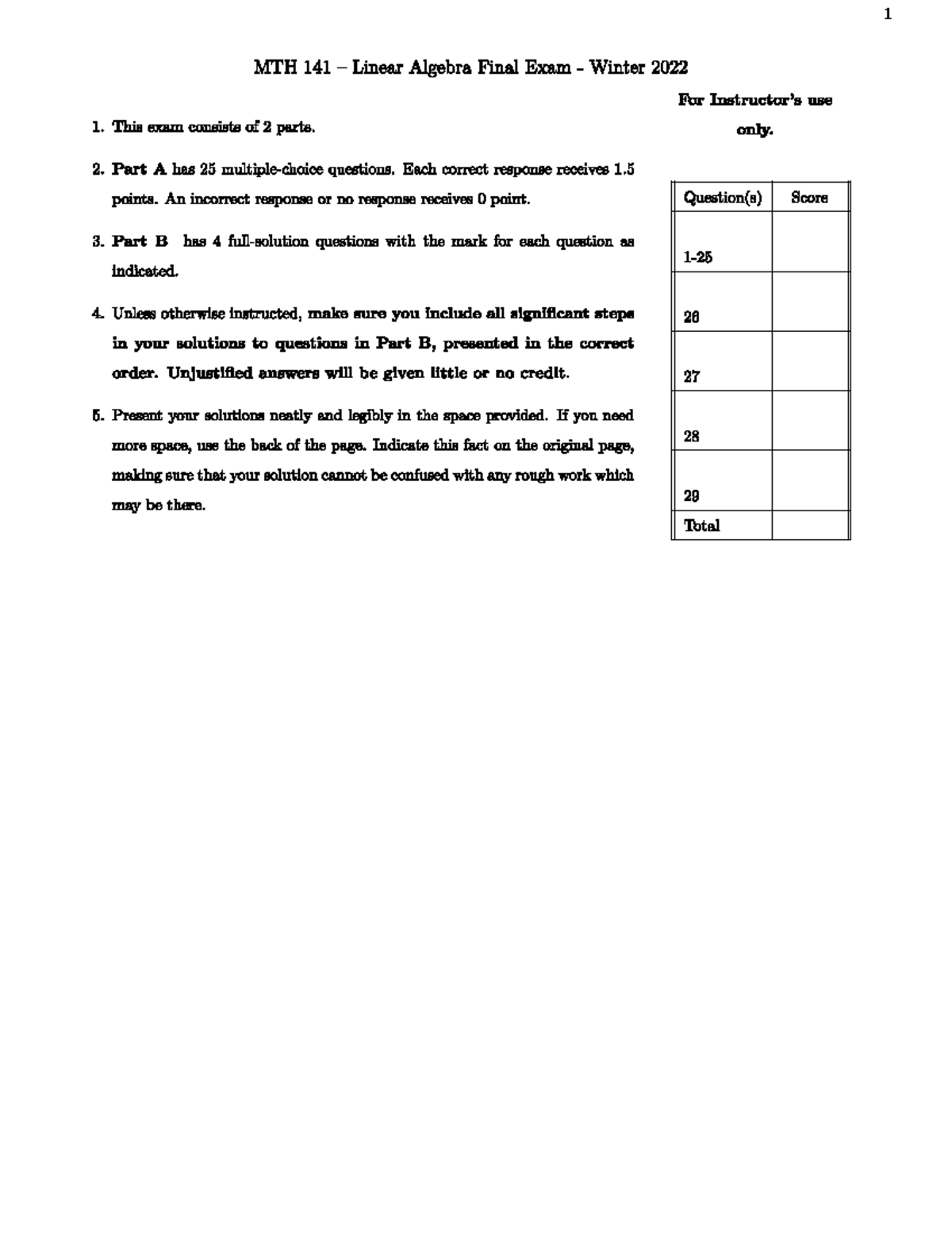 MTH141 Linear Algebra Final Exam Paper - Winter 2022 Study Guide - Studocu