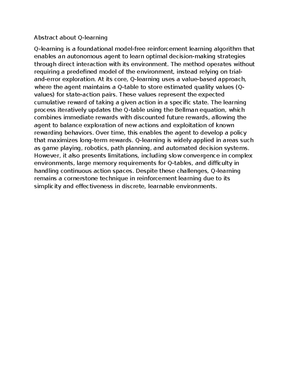 Abstract on Q-Learning: A Foundational RL Algorithm - Studocu