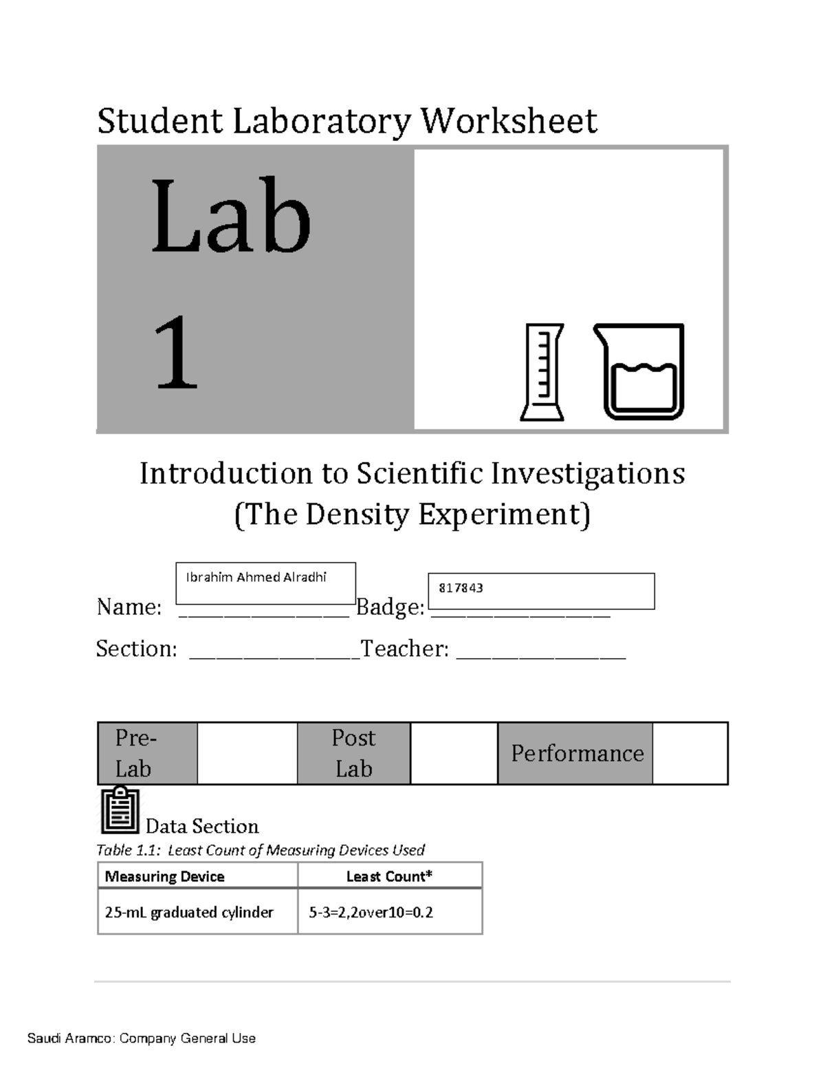 Density - lecture notes - Student Laboratory Worksheet Lab 1 ...