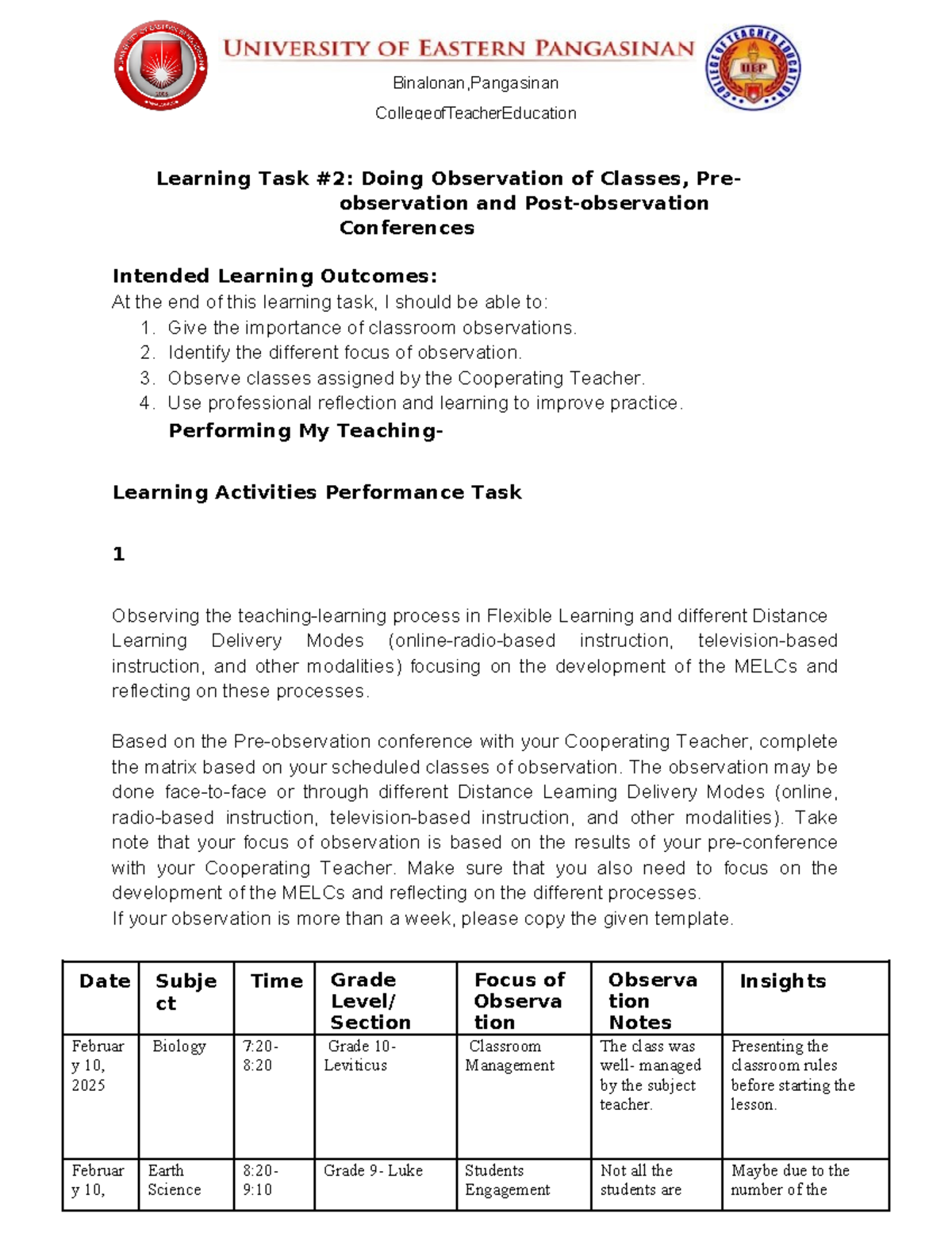 Learning Task #2- Doing Observation of Classes, Pre-observation and ...