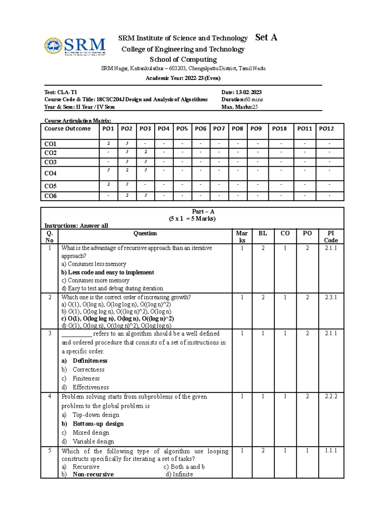 DAA CT1 A - Design and analysis of algorithms test paper - Studocu