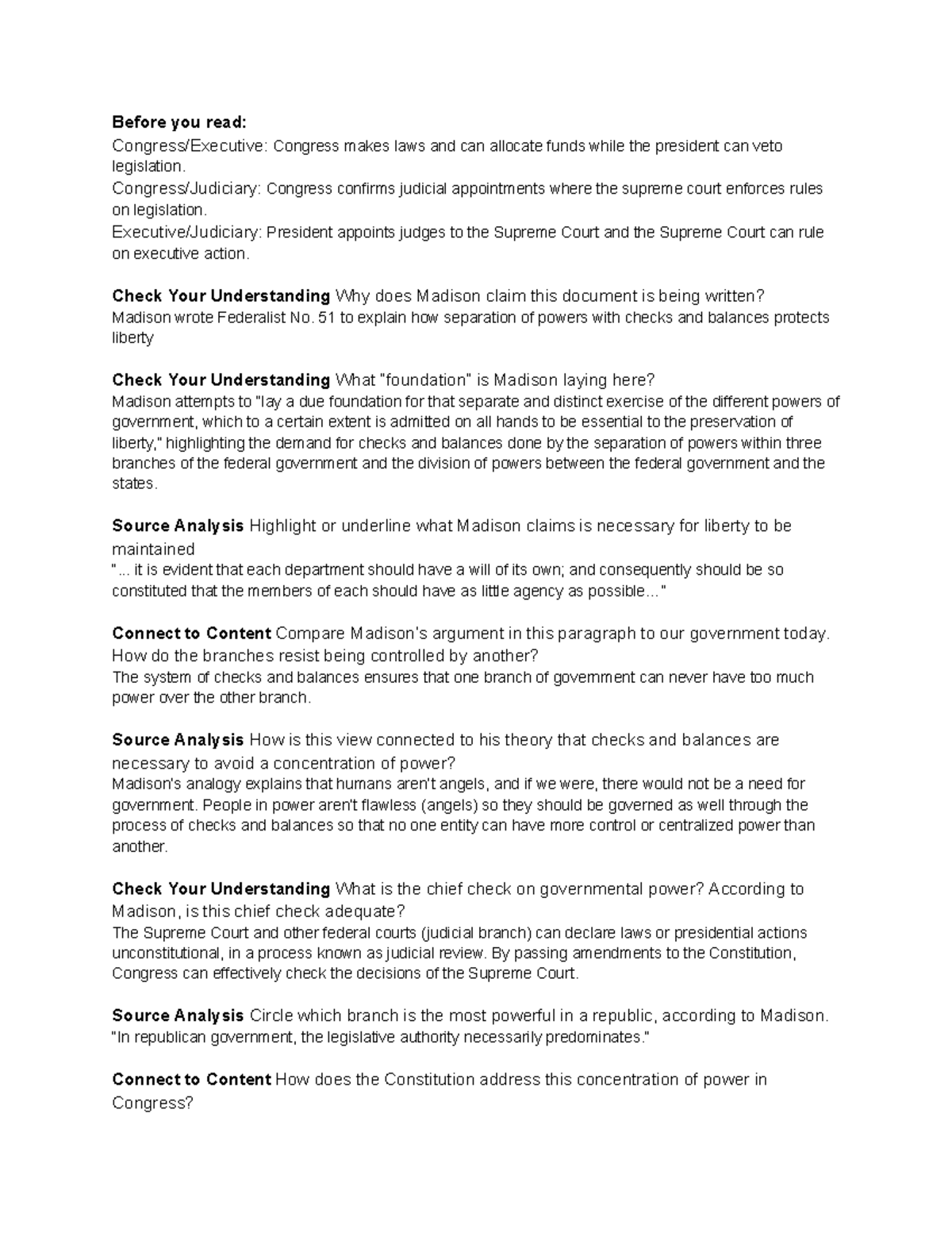 Federalist No. 51: Analyzing Separation of Powers and Checks - Studocu