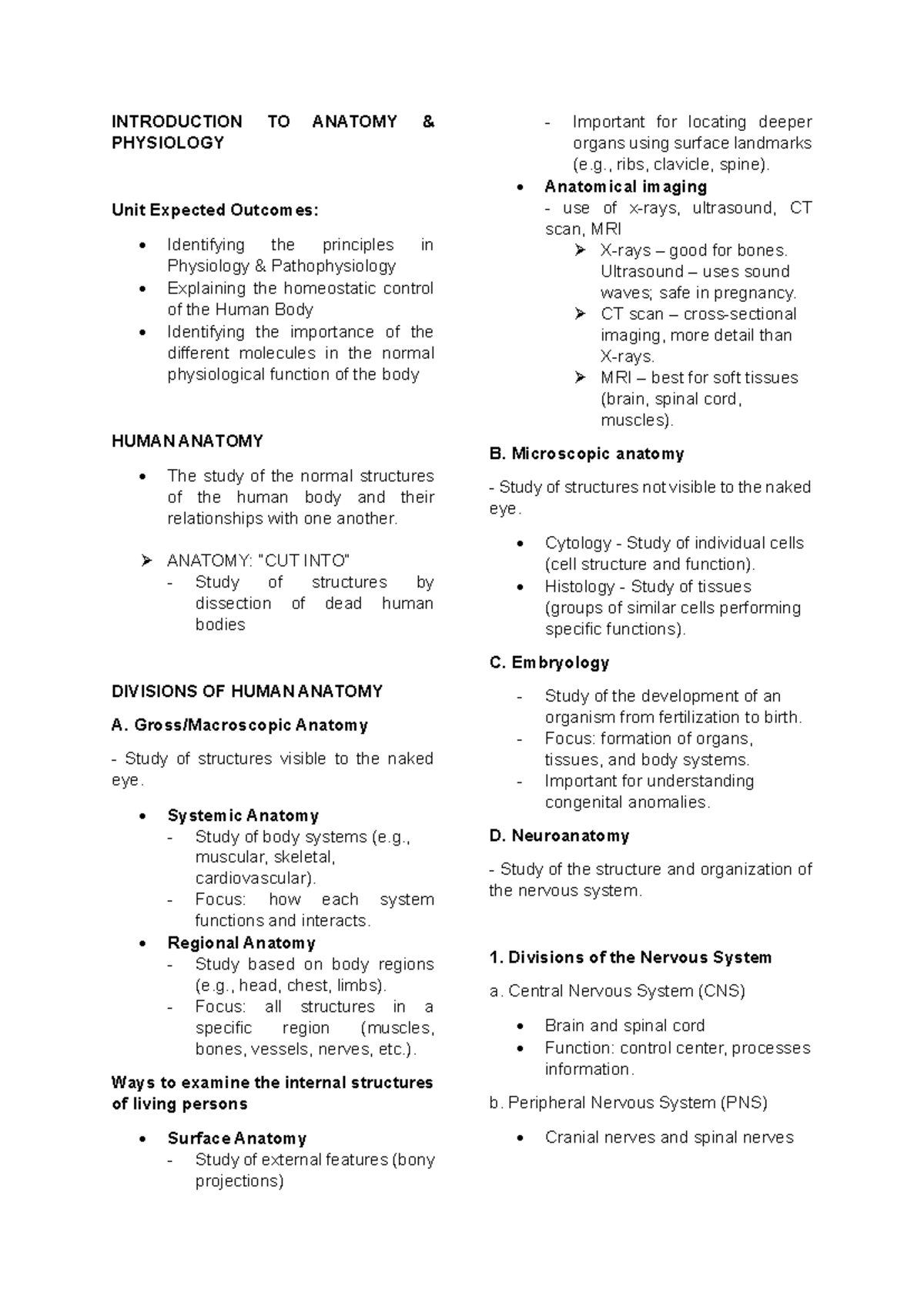 WEEK 1 Intro to Anatomy & Physiology Notes (ANAT 101) - Studocu