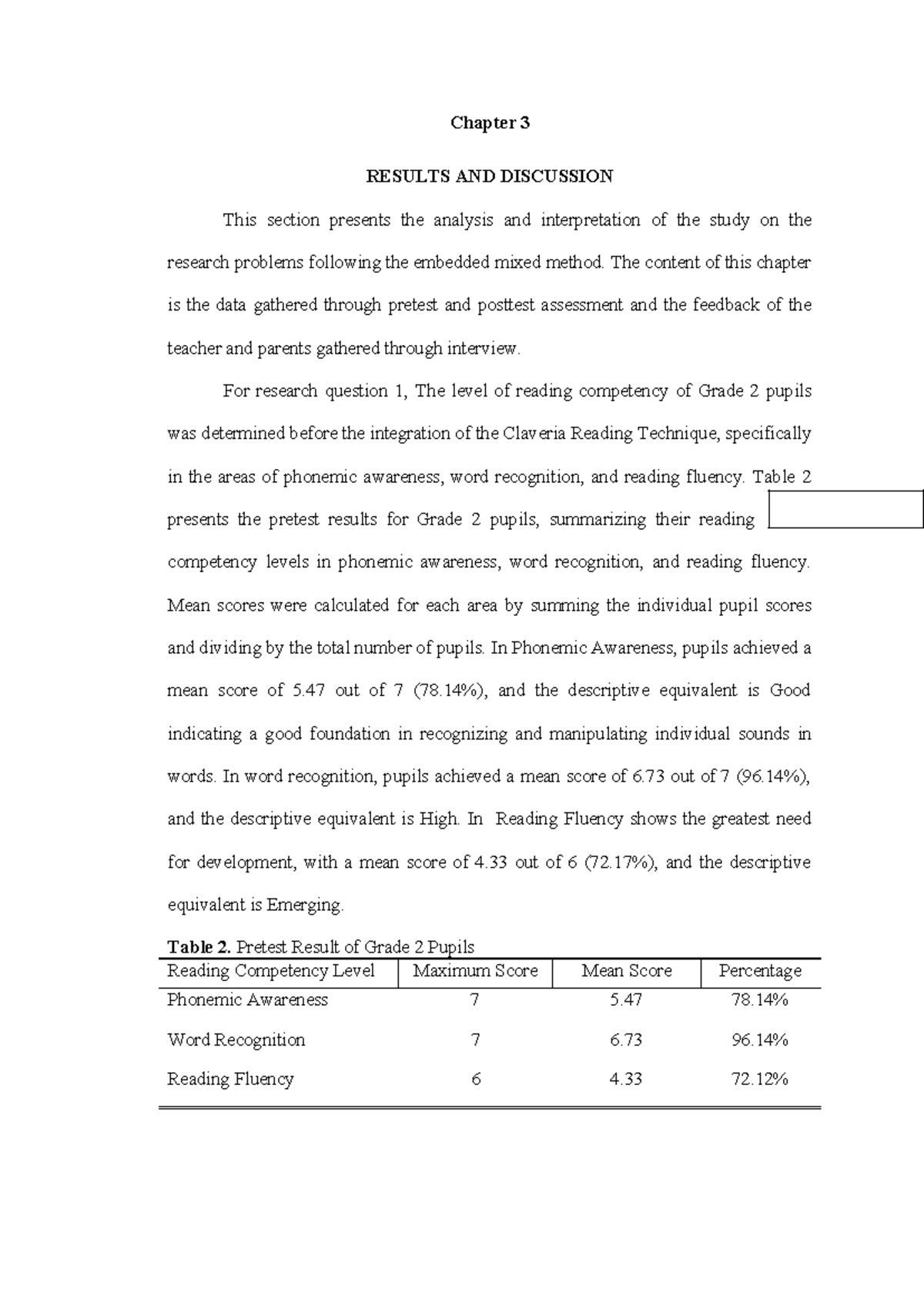 Chapter 3: Results & Discussion on Grade 2 Reading Competency (EDU 101 ...