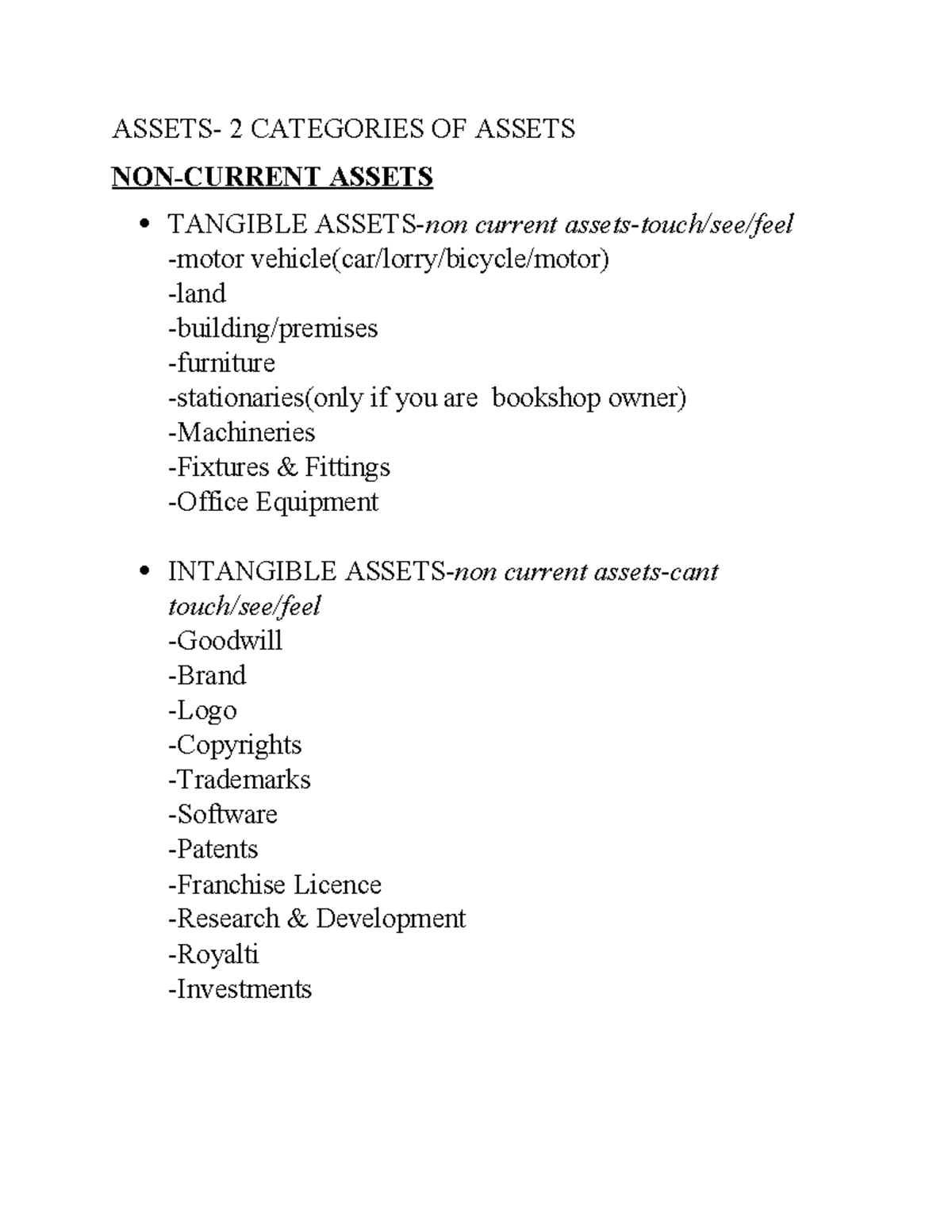 Accounting Equation - ASSETS- 2 CATEGORIES OF ASSETS NON-CURRENT ASSETS ...