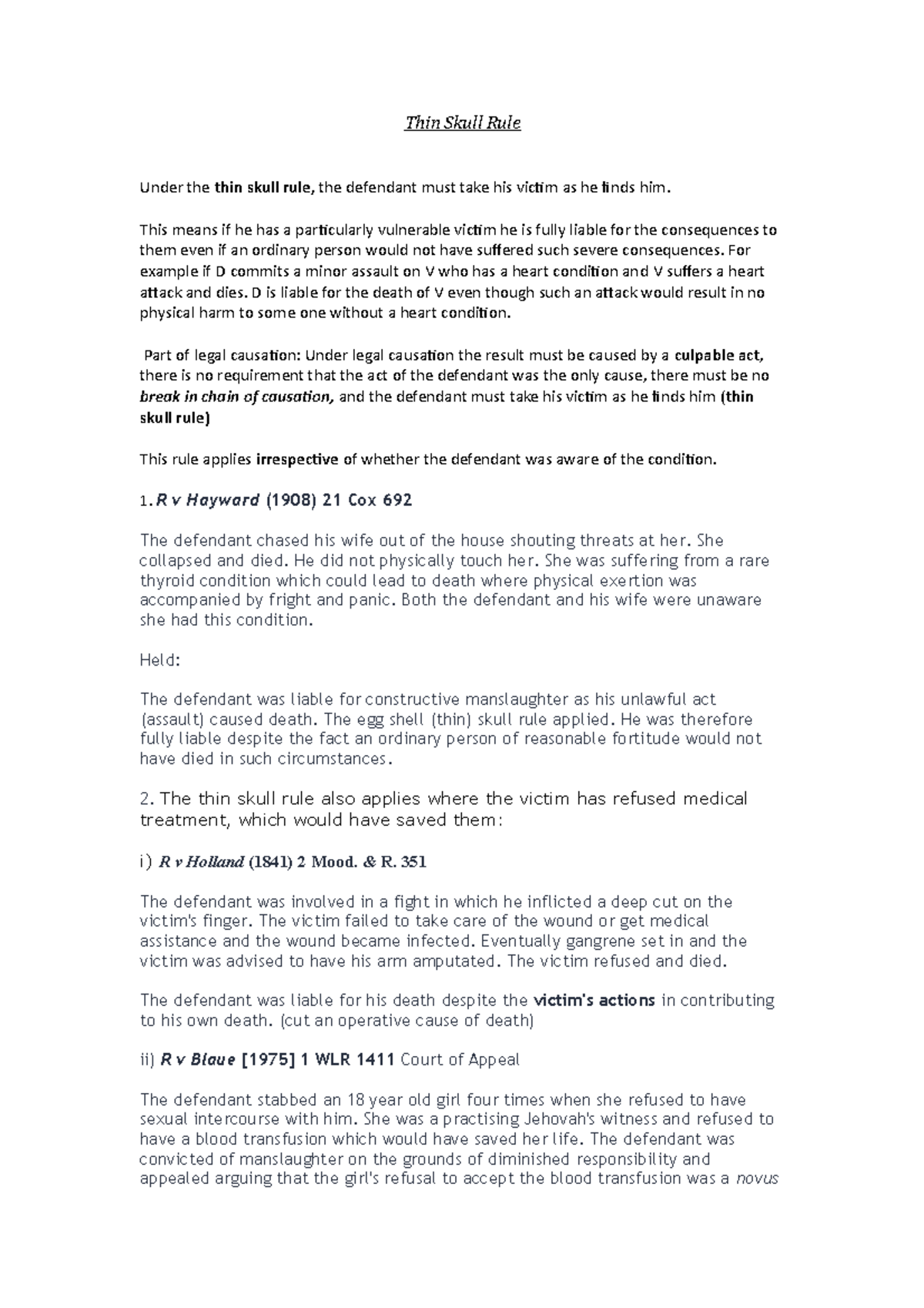 Legal - Thin Skull Rule Overview & Case Examples Notes - Studocu
