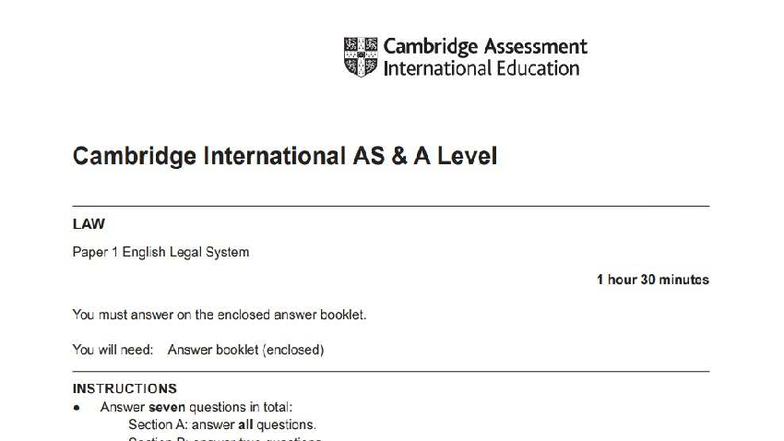 Cambridge International AS A Level LAW Paper 1: English Legal System ...
