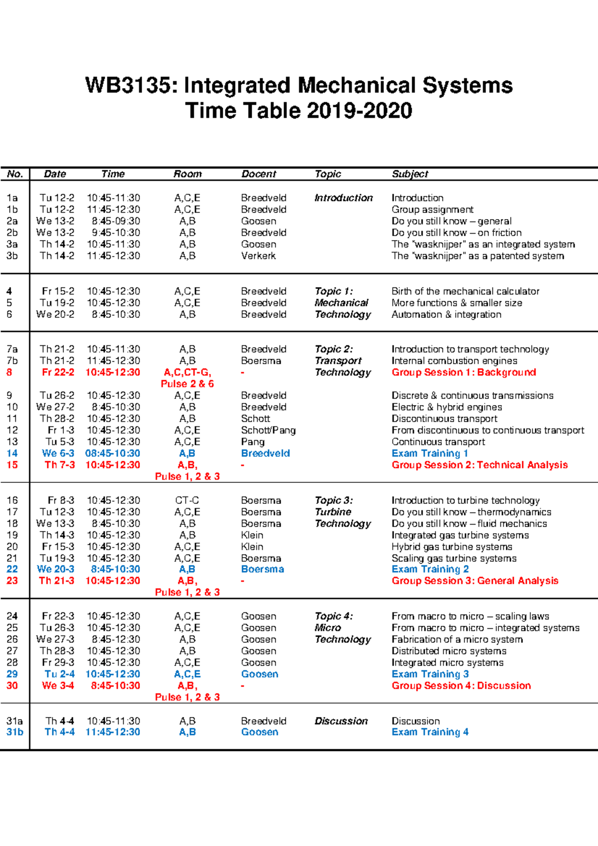 Time Table IMS 2018-2019 - WB3135: Integrated Mechanical Systems Time ...