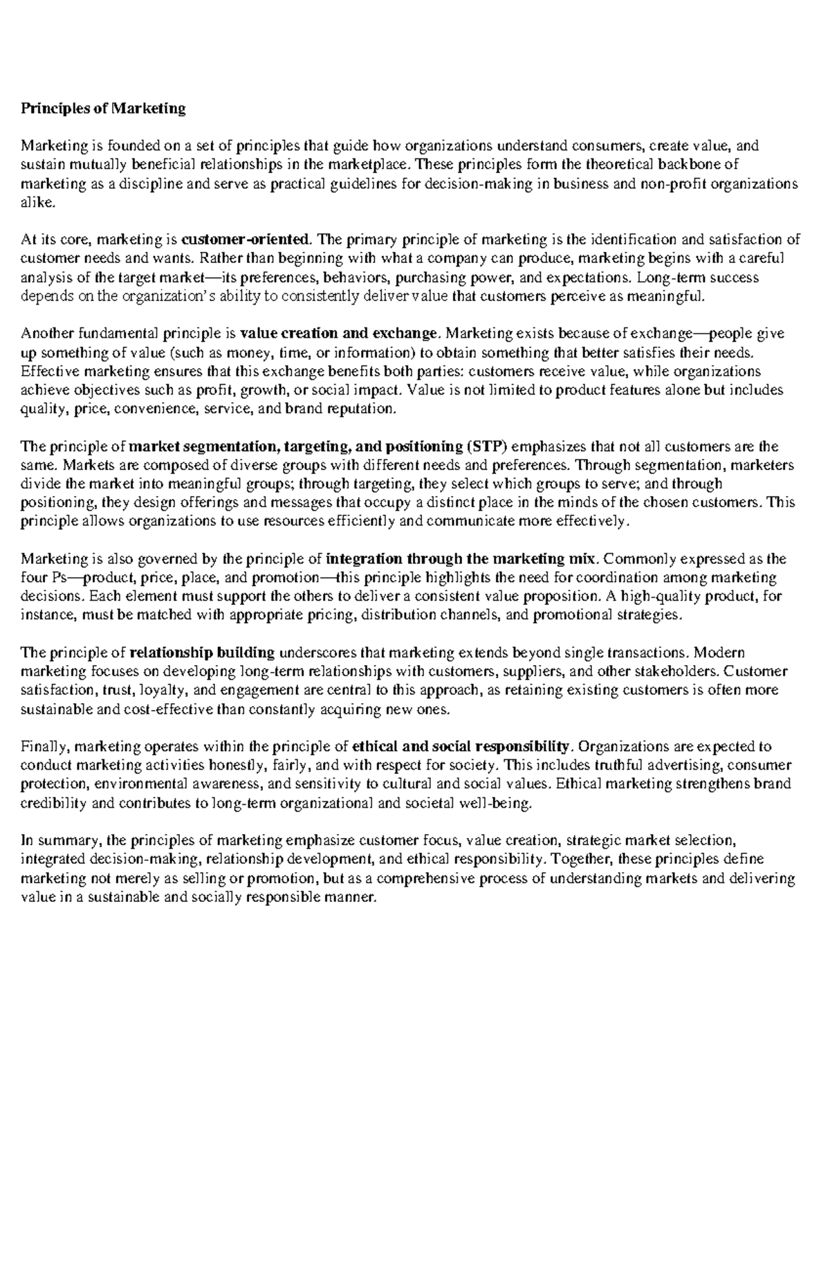 Principles of Marketing: Understanding Value and Customer Needs - Studocu