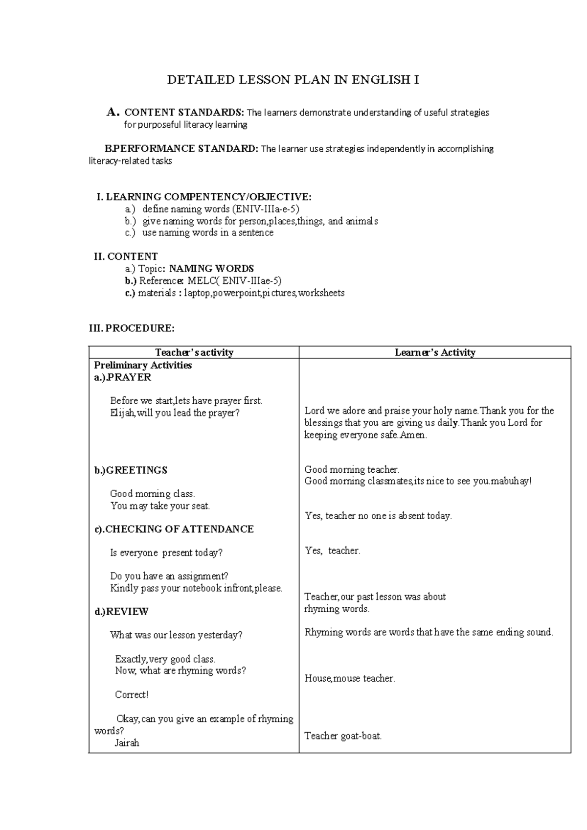 Detailed Lesson Plan: Naming Words in English I - Studocu