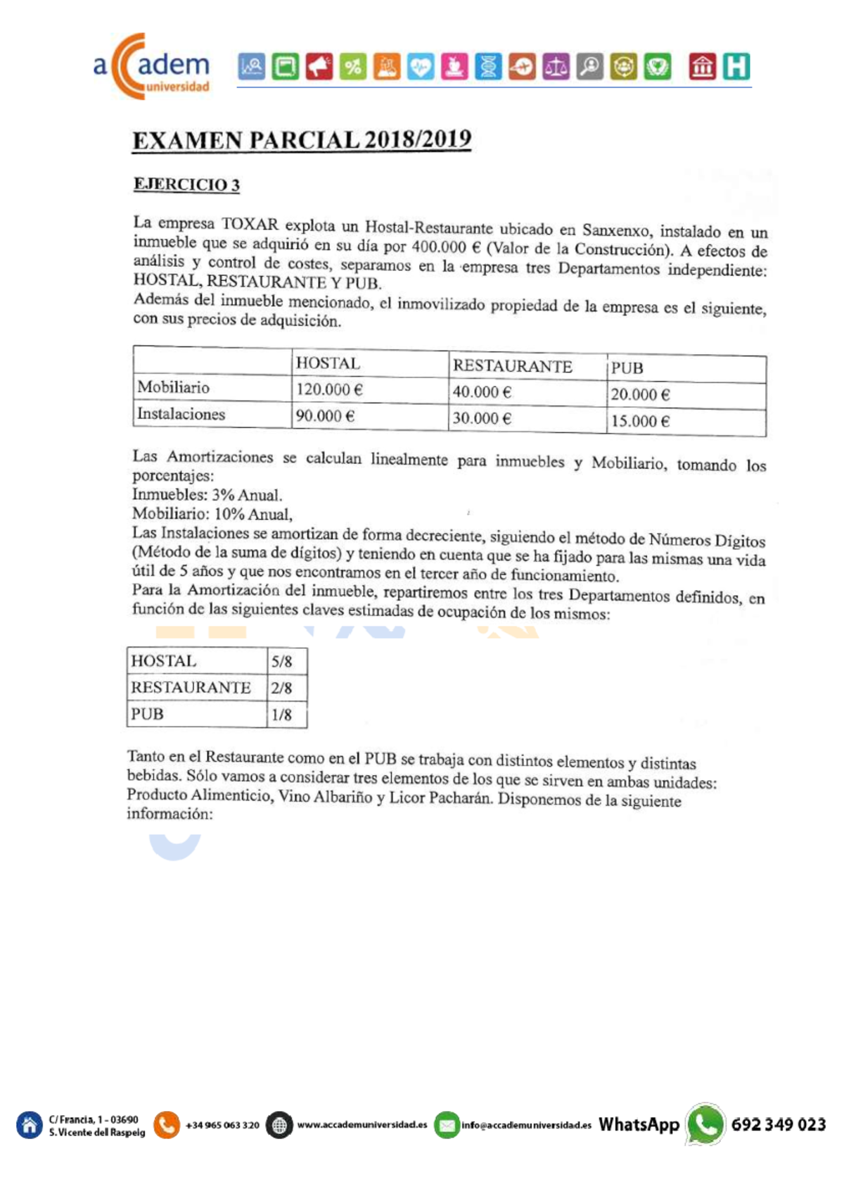 Examen Parcial DEGDECD 2018-2019: Análisis de Costes en TOXAR - Studocu