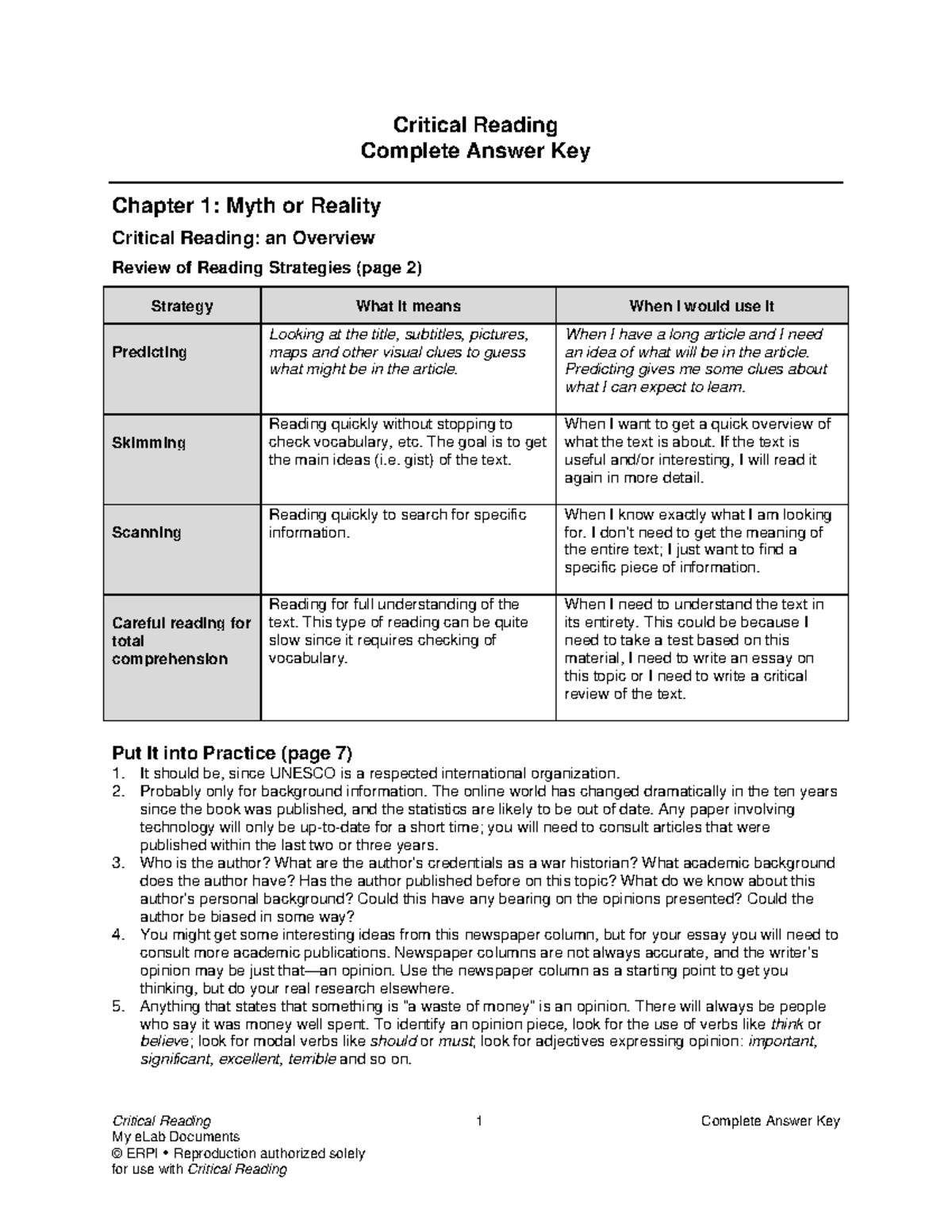 Critical Reading Complete Answer Key for Course CR-101: Chapters 1-3 ...