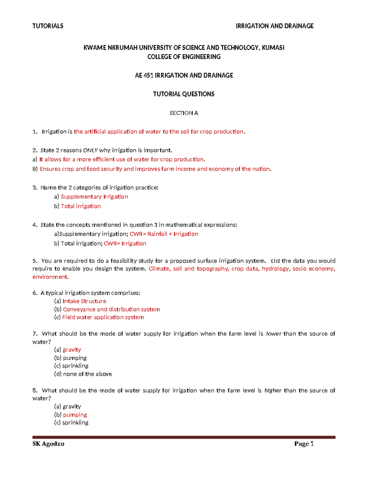 AE 451 Irrigation and Drainage Tutorial Questions for Students - Studocu