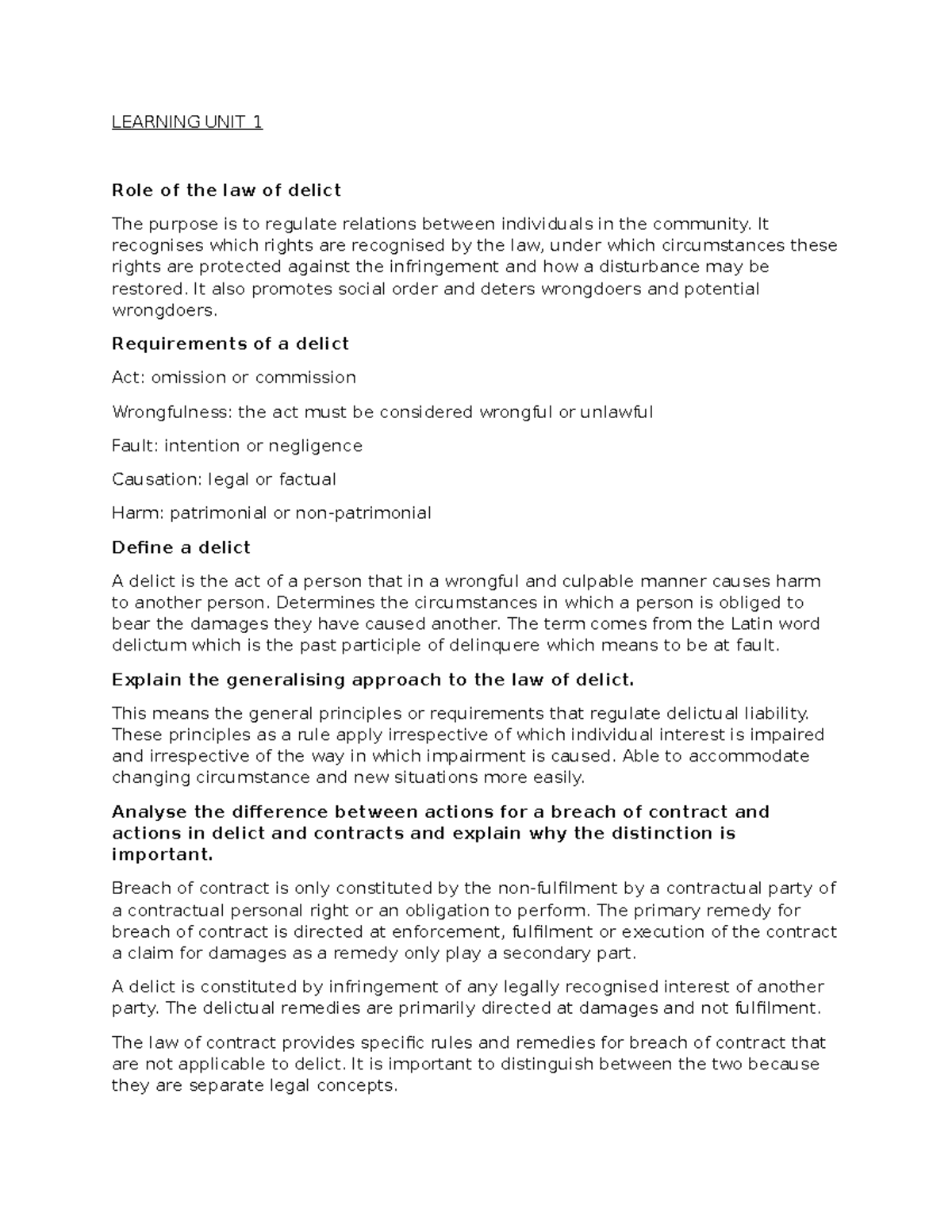 Learning unit 1: Understanding the law of delict and its principles ...