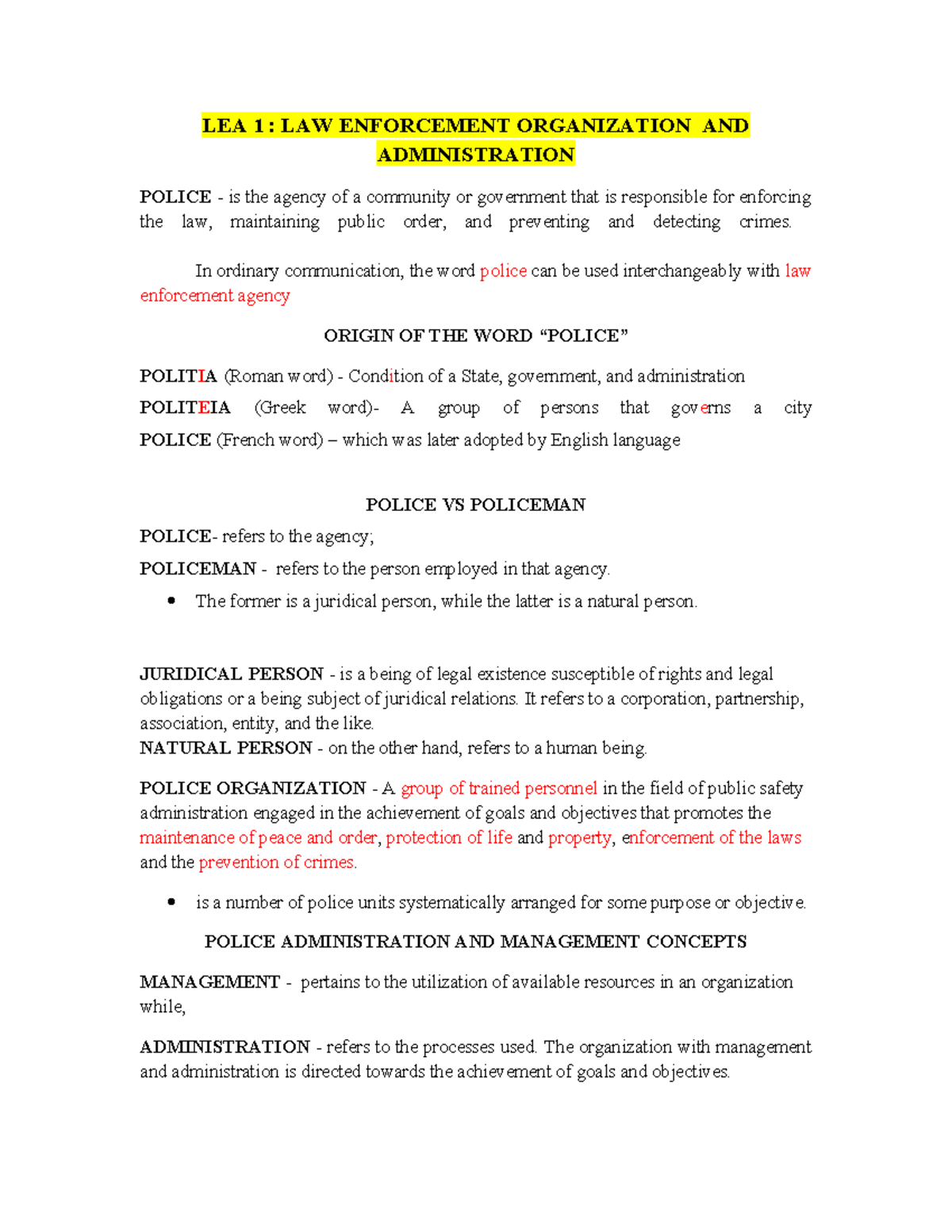 LEA 1: Law Enforcement Organization & Administration Overview - Studocu