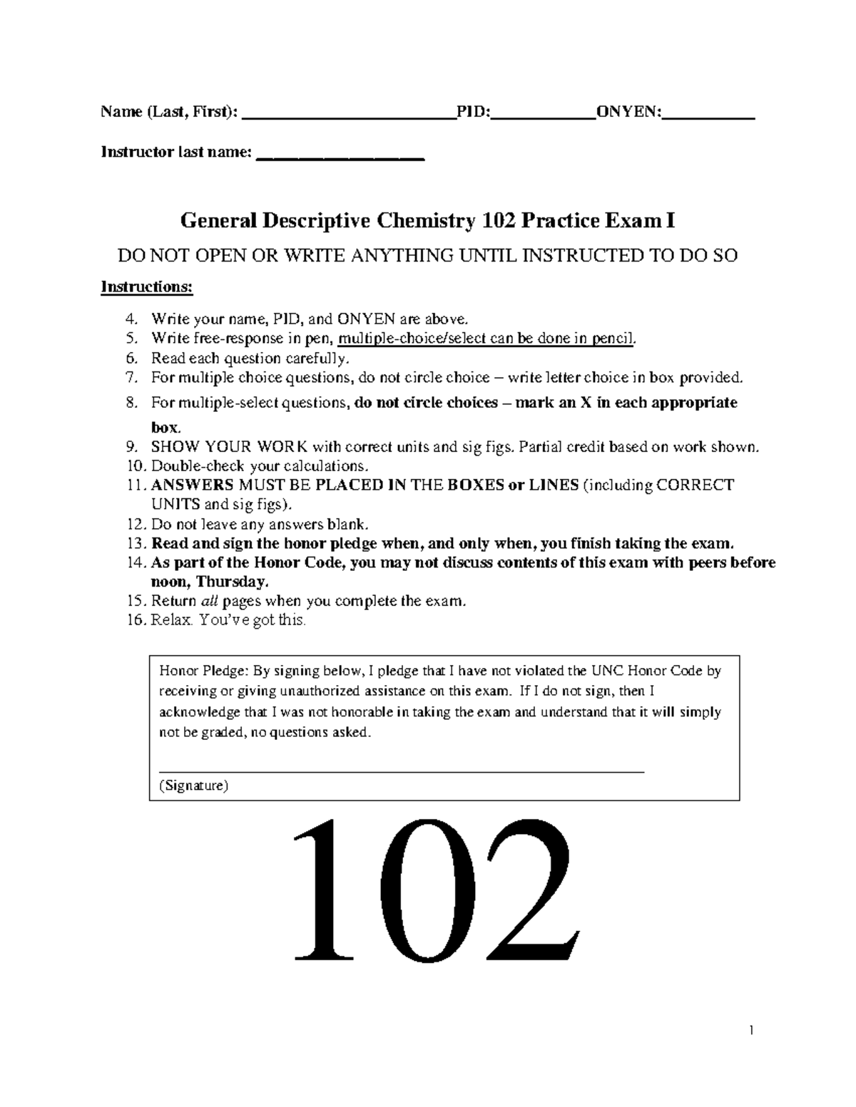 Practice Exam 1 - Write free-response in pen, multiple-choice/select ...