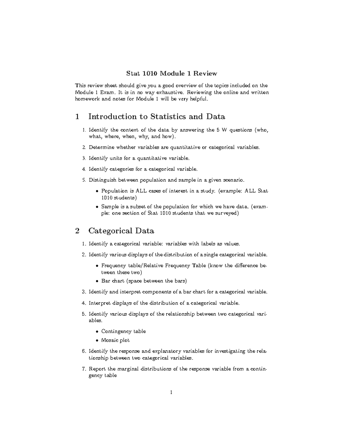 Stat 1010 Mod 1 Review: Intro to Stats & Data Analysis Study Guide ...