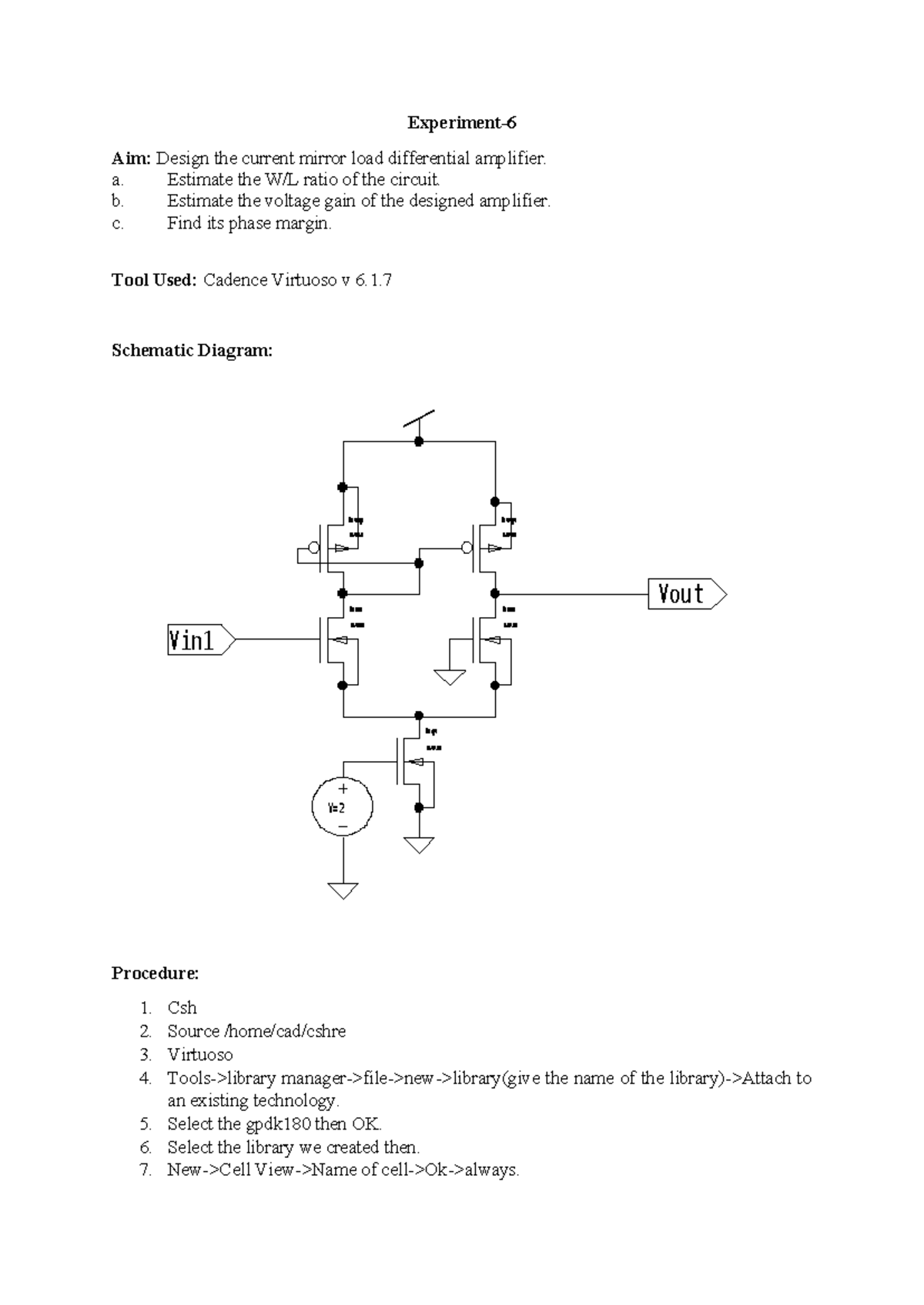 Experiment 6: Design of Current Mirror Load Differential Amplifier ...