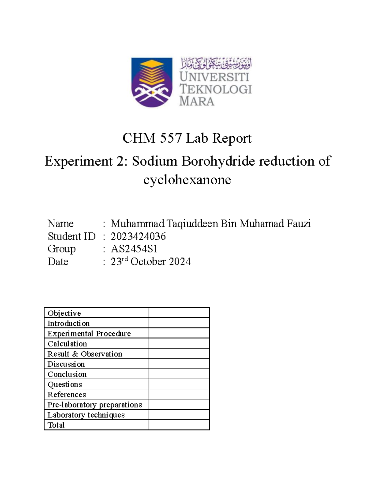 CHM 557 Lab Report 2 - doesn't include the FTIR and H NMR graph - CHM ...