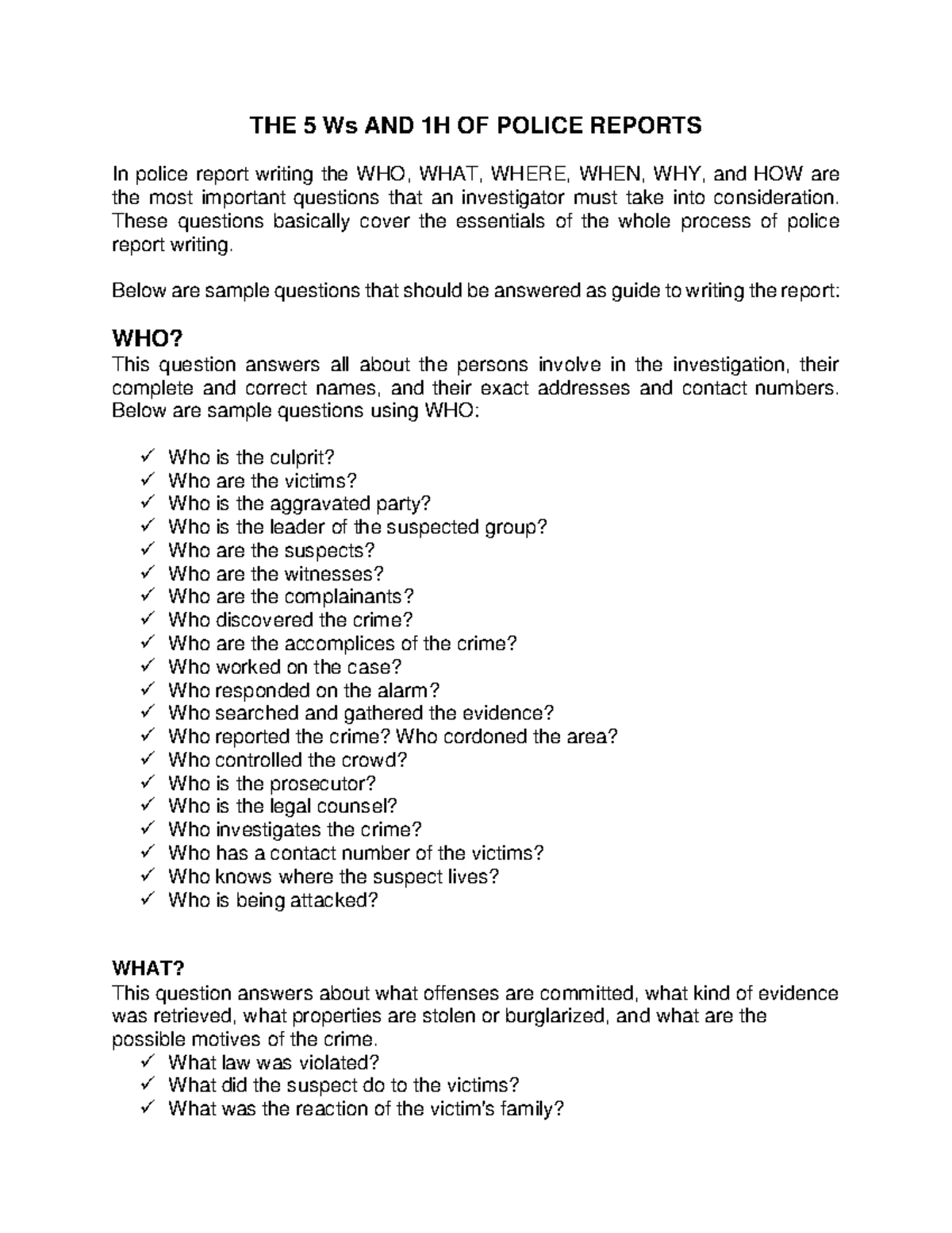 THE 5 Ws AND 1H OF POLICE REPORT WRITING: A Comprehensive Guide - Studocu
