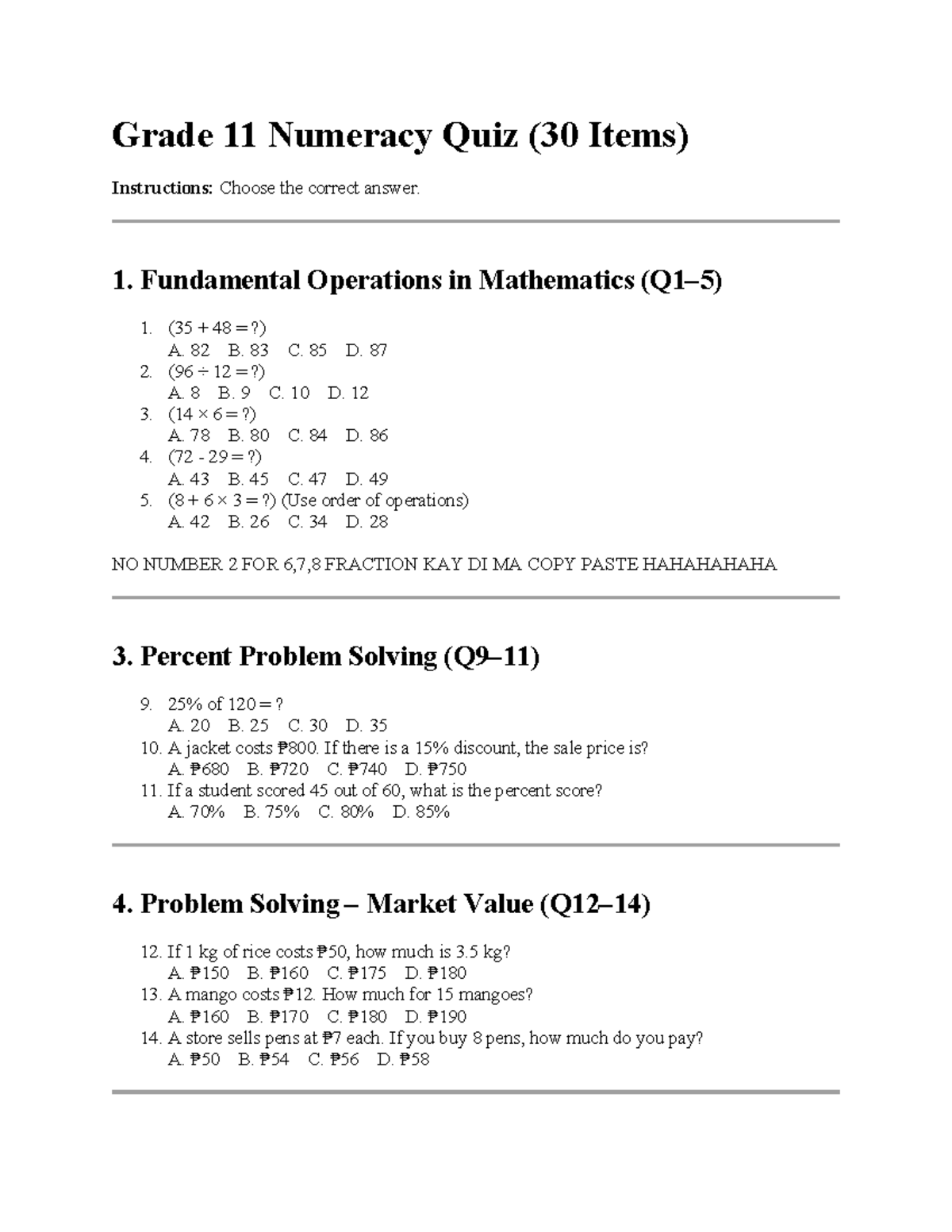 Grade 11 Numeracy Quiz (30 Items) - Math Operations & Problem Solving ...