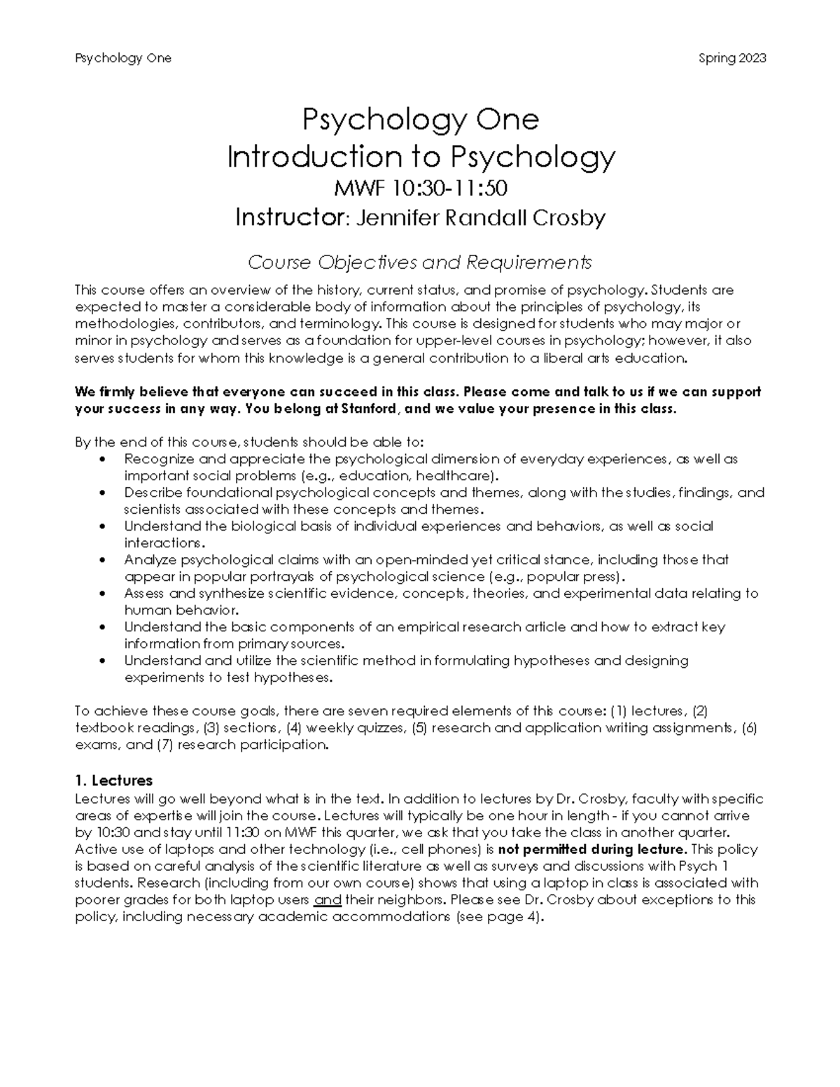 Psych 1 Spring 2023 Course Syllabus and Overview - Studocu