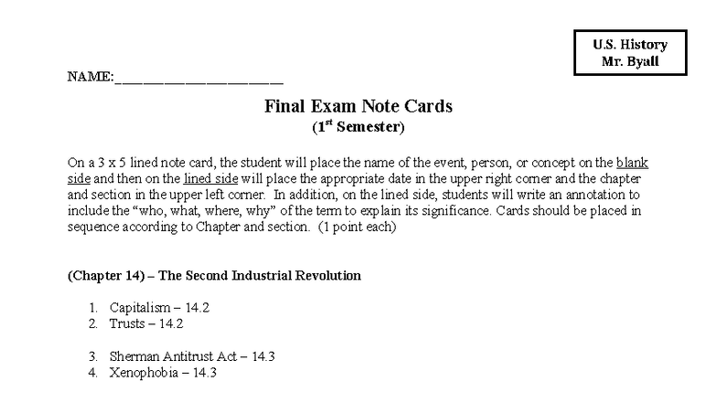 U.S. History Mr. All Final Exam Note Cards (1st Semester) - Studocu
