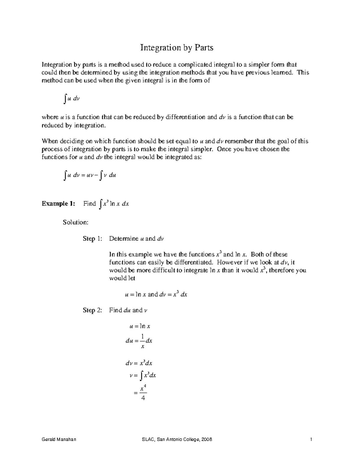 Math1325 integration by parts - Integration by Parts Integration by ...