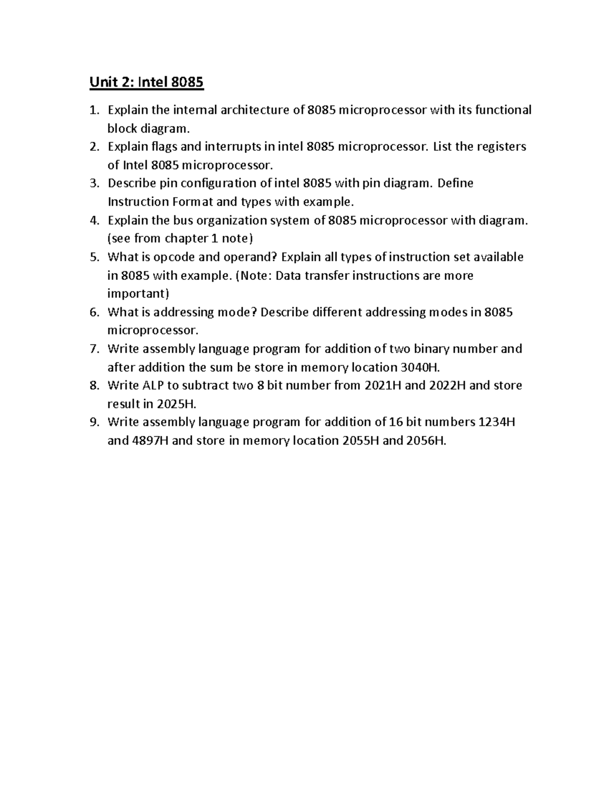 Unit 2: Intel 8085 Microprocessor Assignment Questions - Studocu