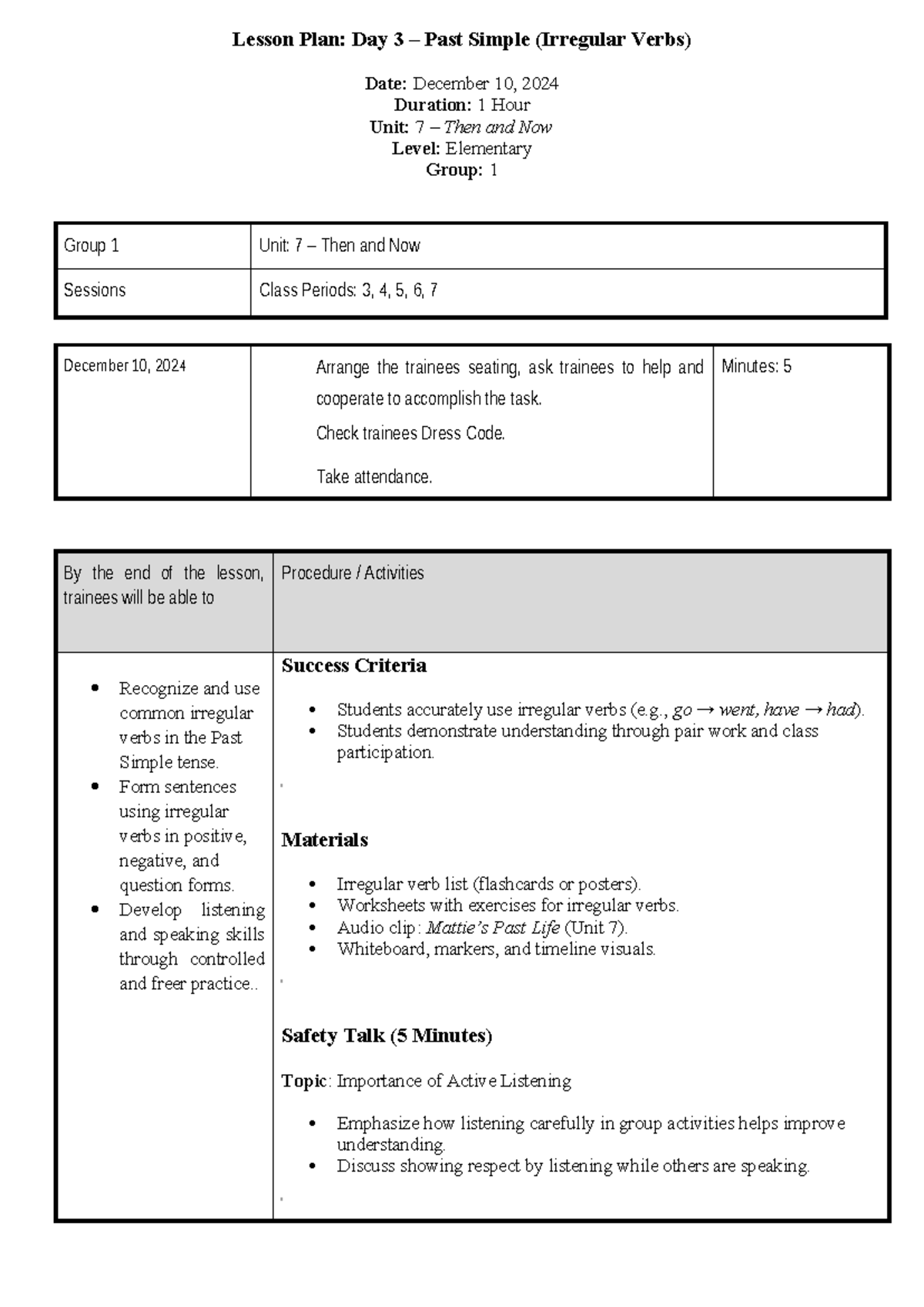 Lesson Plan Day 3: Past Simple Irregular Verbs for Group 1 - Studocu